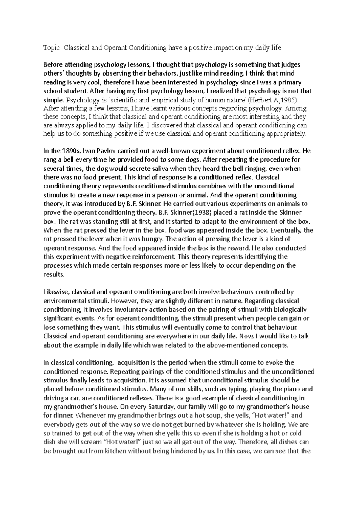 Reflective journals - Grade: b+ - Topic: Classical and Operant ...