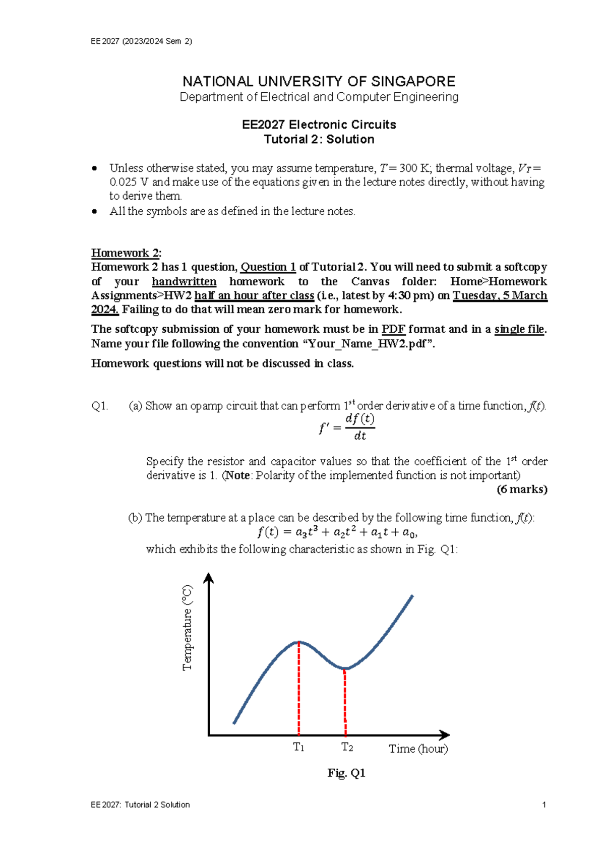 EE2027 Tutorial 2 Solution Opamp AY2324S2 - NATIONAL UNIVERSITY OF SINGAPORE Department of - Studocu