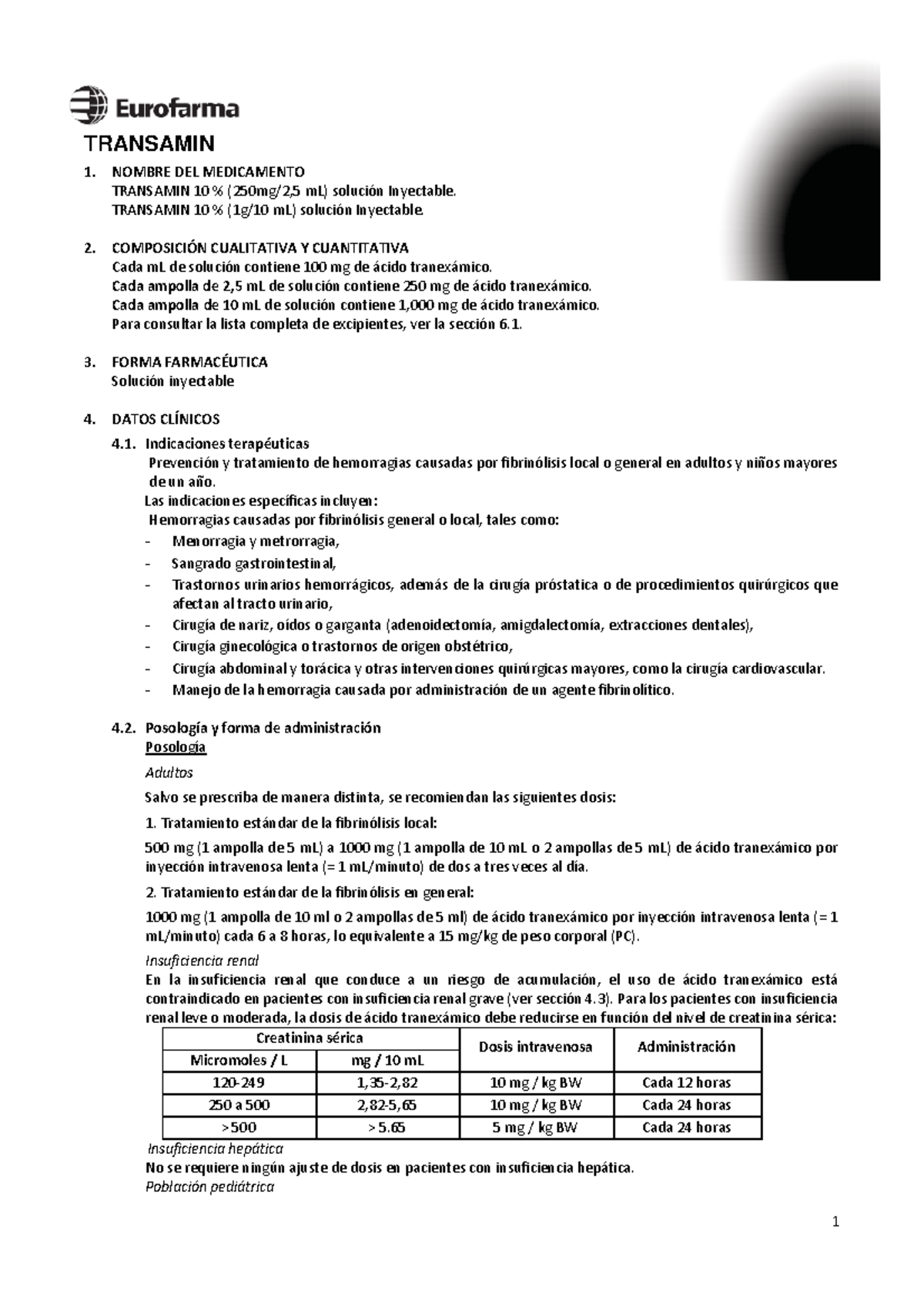 Transamin iv inserto eurofarma - TRANSAMIN 1. NOMBRE DEL MEDICAMENTO ...