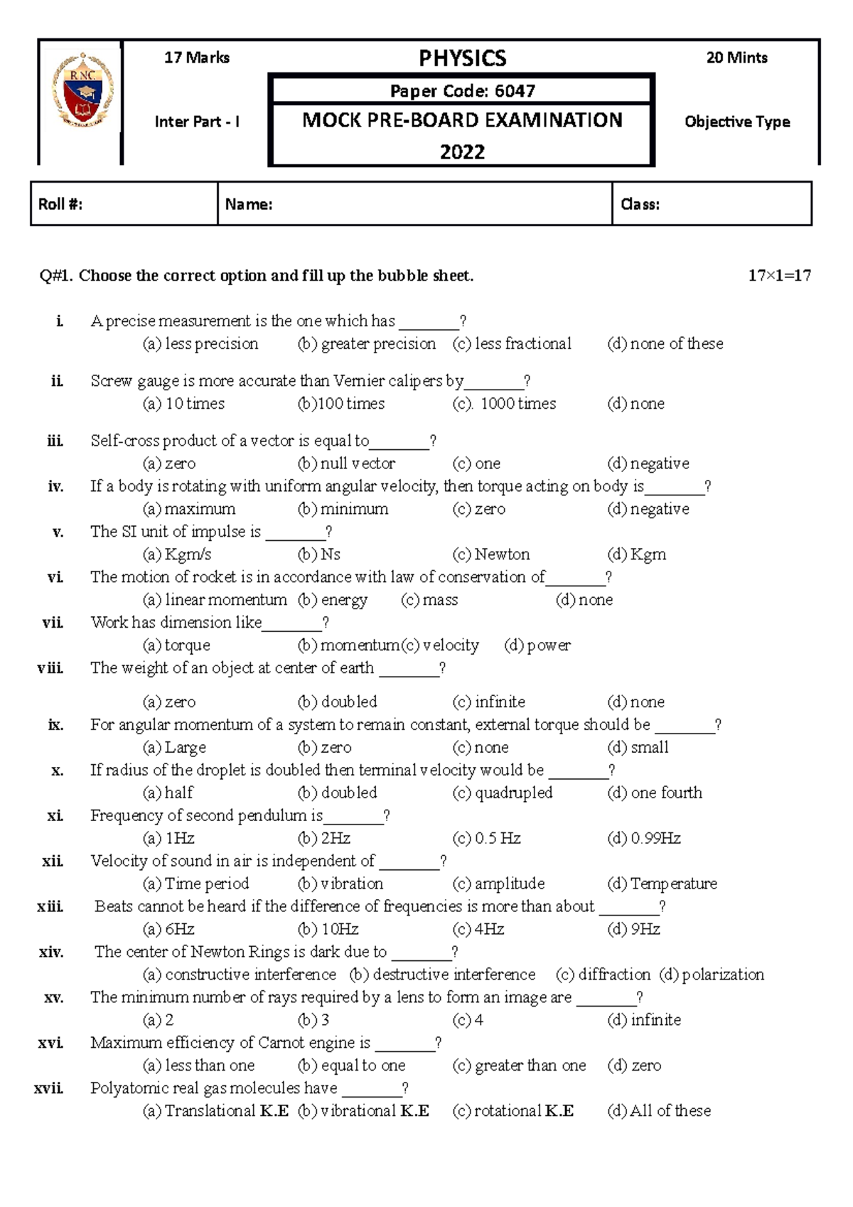 Physics 1st year Pre-board 2021 - 17 Marks PHYSICS 20 Mints Inter Part ...