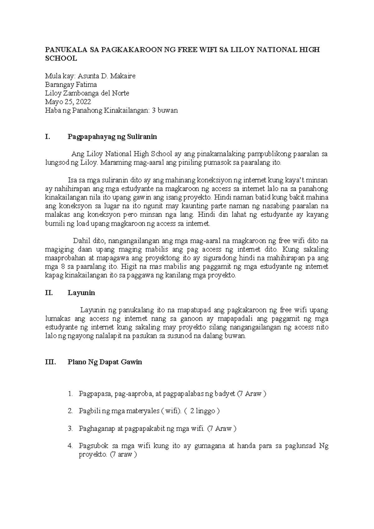 Panukalang Proyekto - Ito ay gawa lamang ng isang studyante - PANUKALA ...