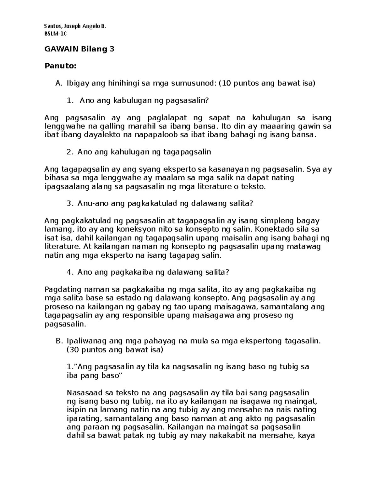 Gawain Bilang 3 (Mga Sagot) Pagsasalin sa ibat ibang disiplina - Santos ...