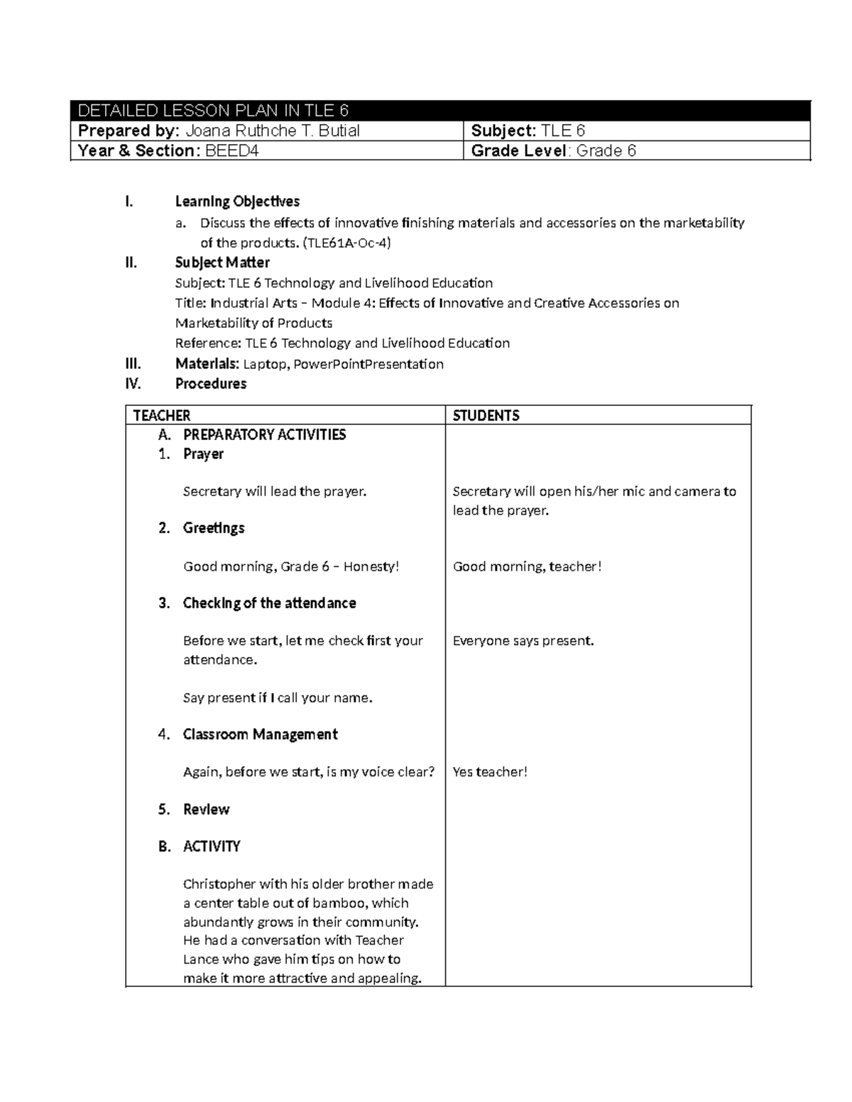 Detailed Lesson PLAN TLE 6 - DETAILED LESSON PLAN IN TLE 6 Prepared by ...