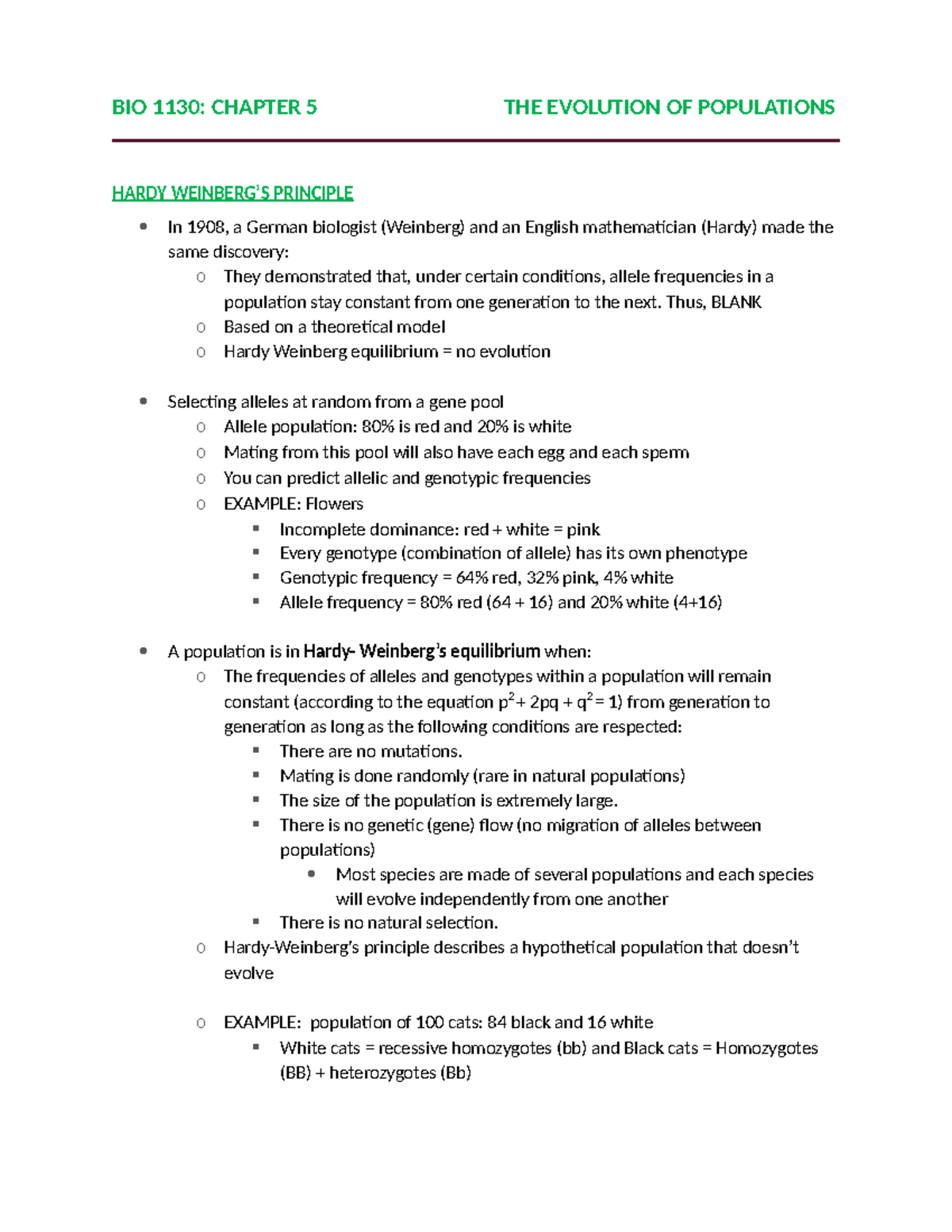 BIO 1130 Chapter 5 - BIO 1130: CHAPTER 5 THE EVOLUTION OF POPULATIONS ...