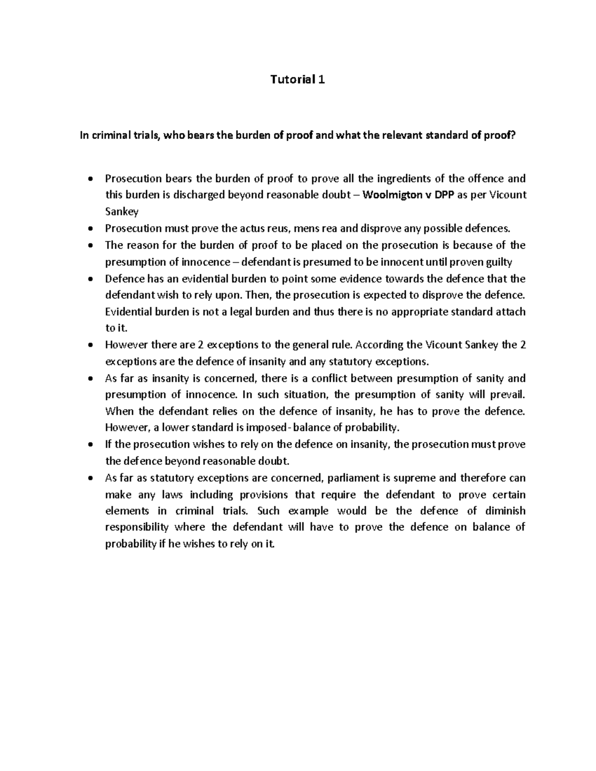 Criminla 2 - 234 - Tutorial 1 In criminal trials, who bears the burden ...