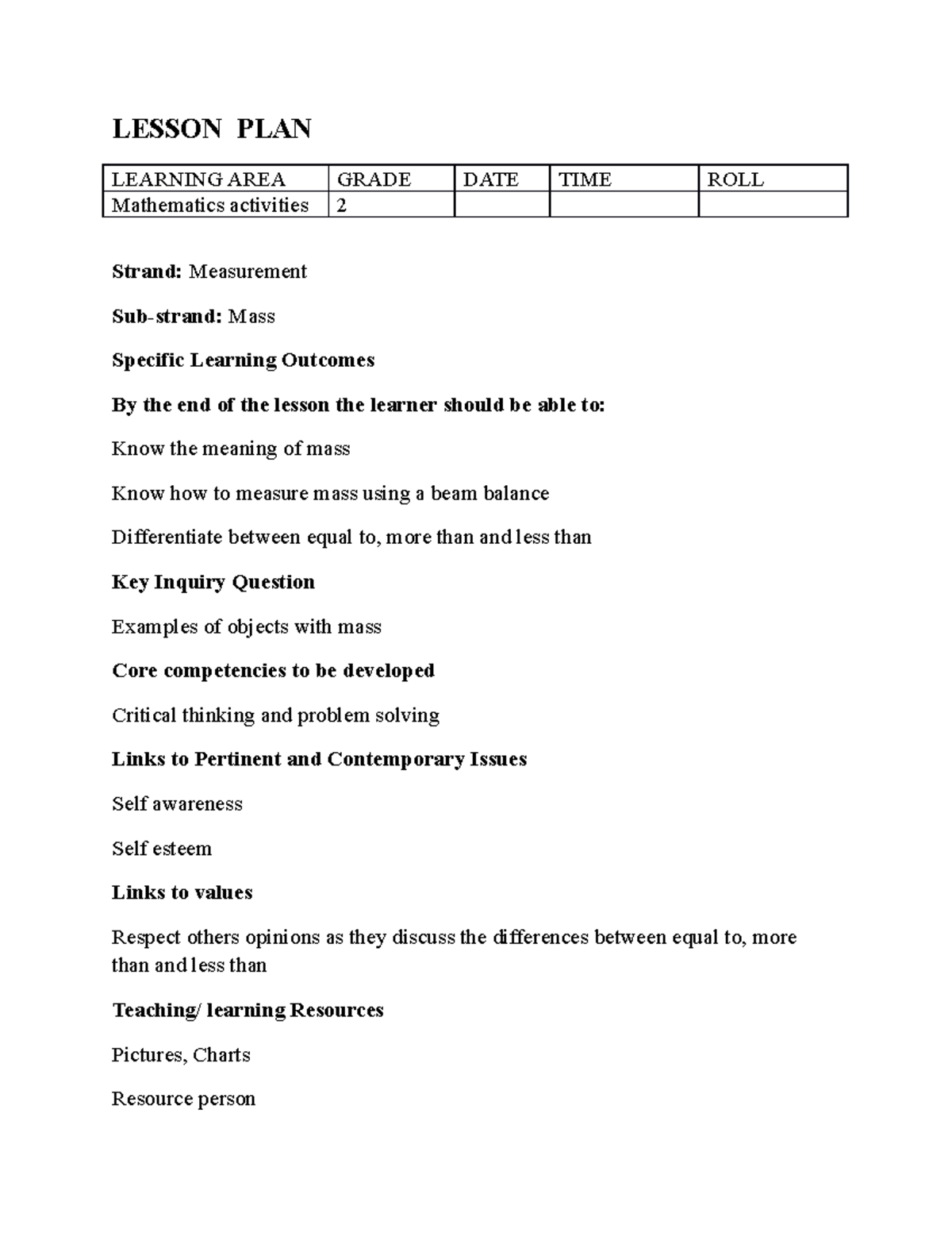 Patience Lesson PLAN - good piece - LESSON PLAN LEARNING AREA GRADE ...