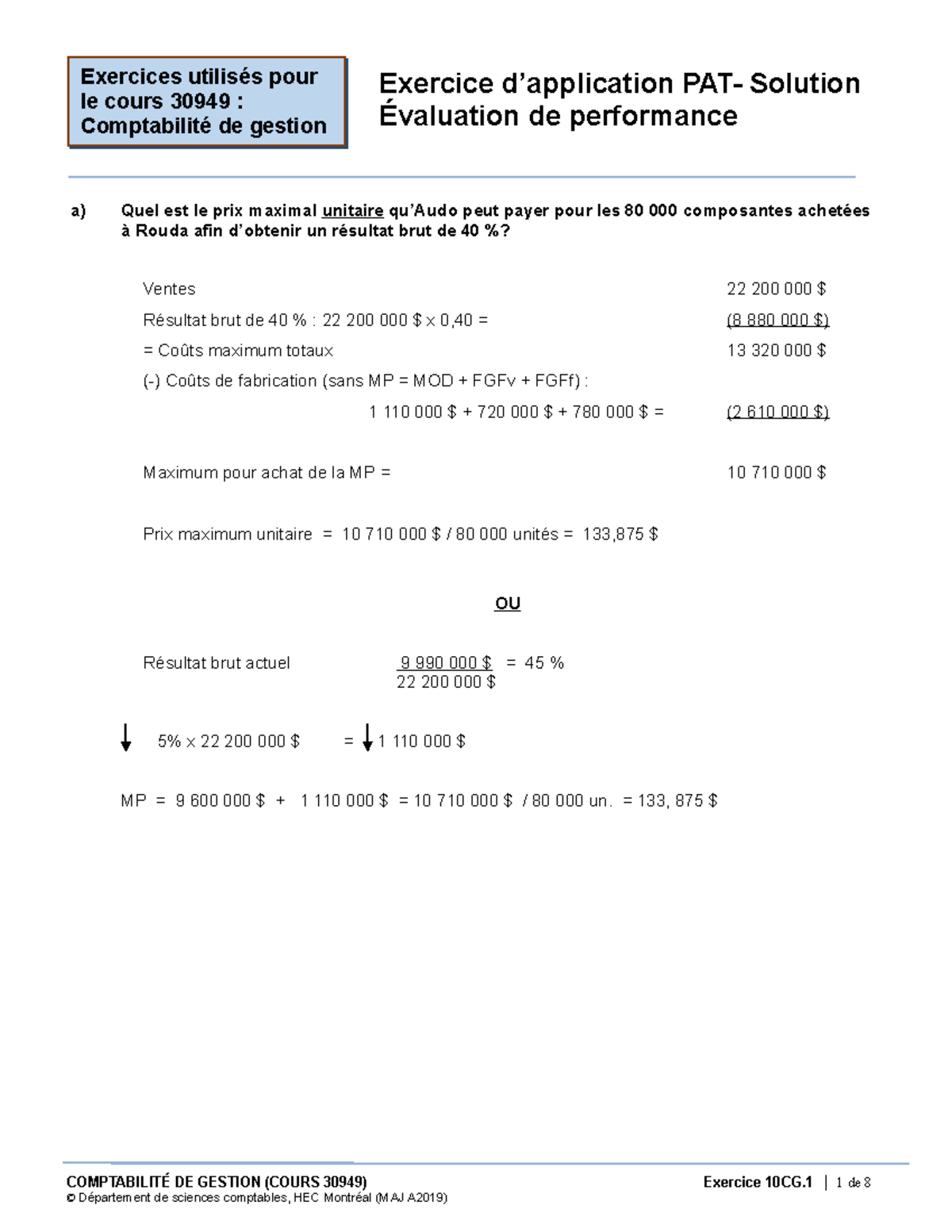 S11 Exercice Application PAT Solution A2019 - Exercice d’application ...