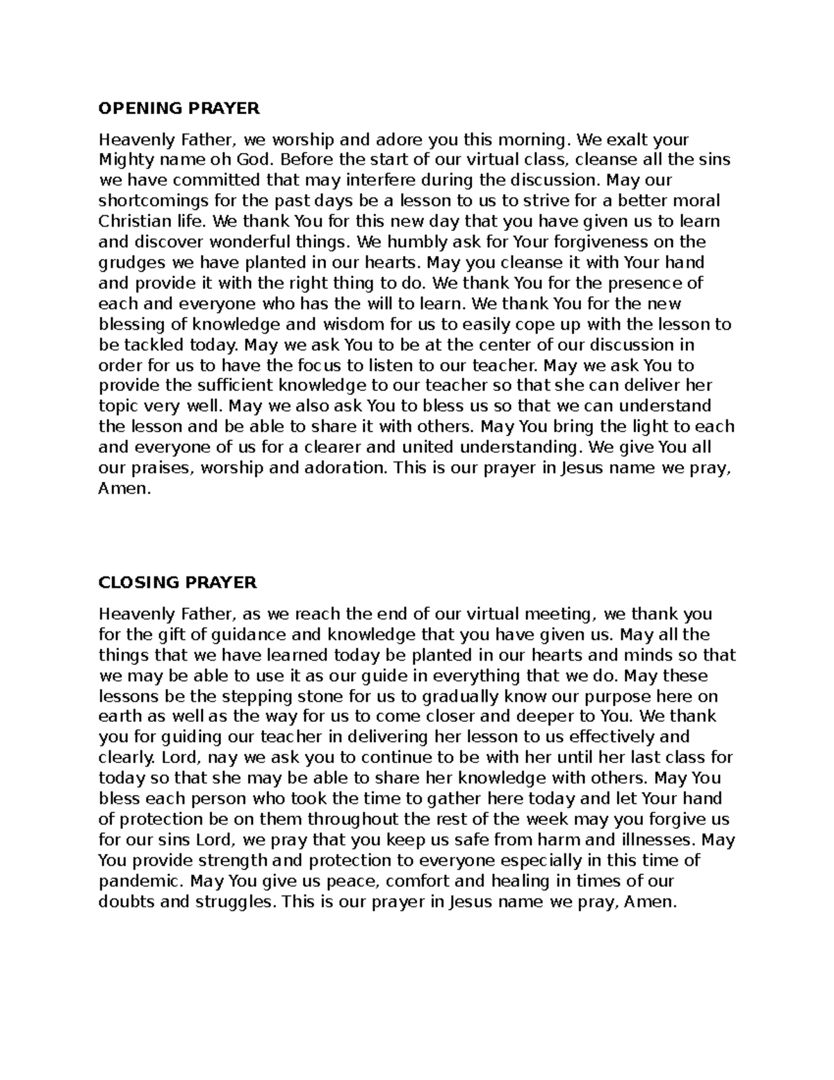 CFE 5A ( Difuntorum, Jaryl B) Opening and Closing Prayer - OPENING ...