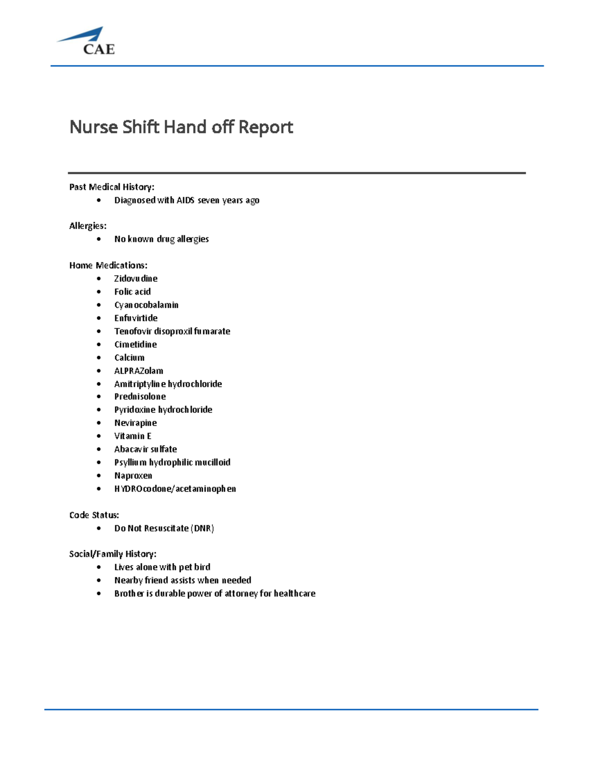 Eayrs - Nurse Handoff Report - Nurse Shift Hand off Report Past Medical ...
