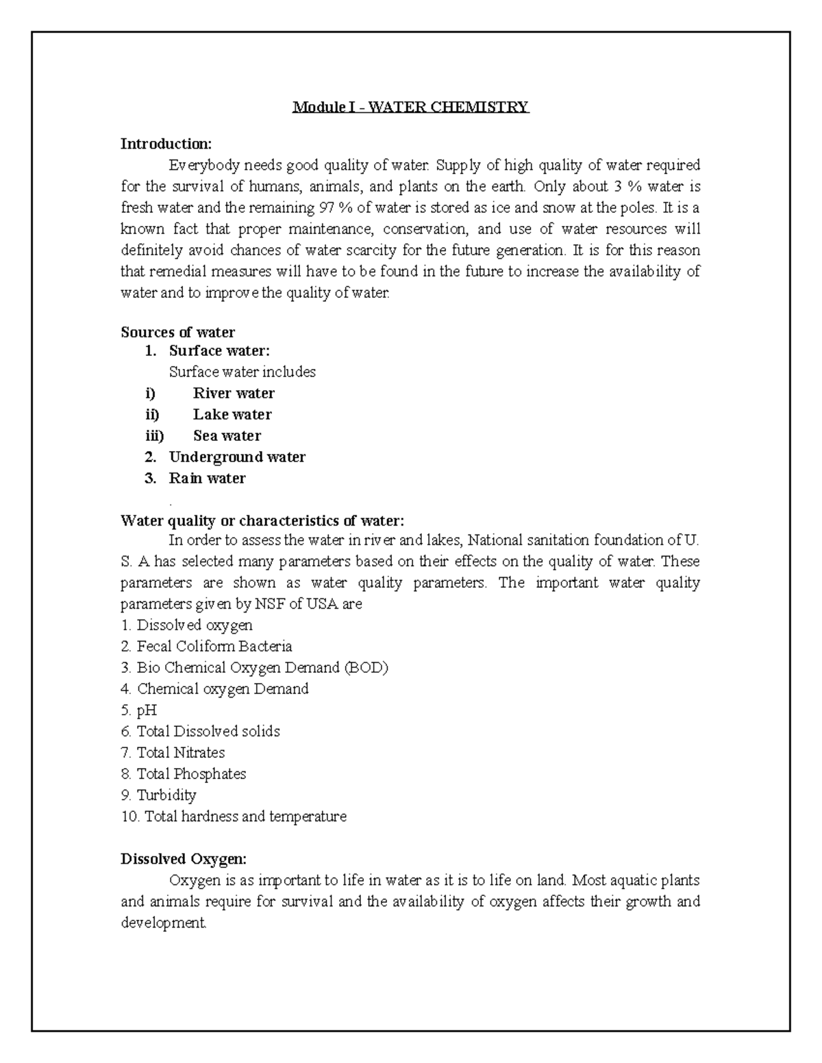 Water chemistry - Usefull - Module I - WATER CHEMISTRY Introduction ...