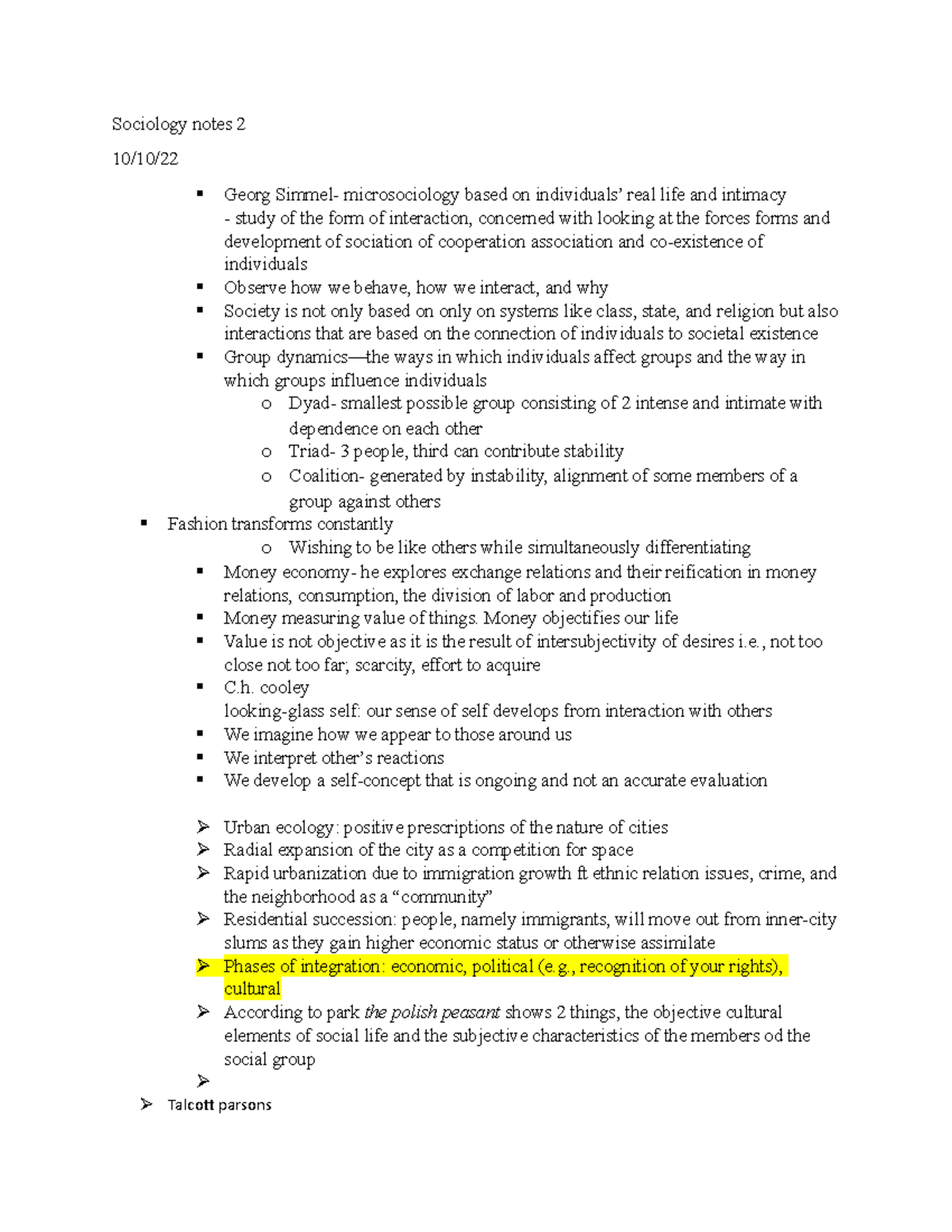 classical sociology notes - Sociology notes 2 10/10/ Georg Simmel ...