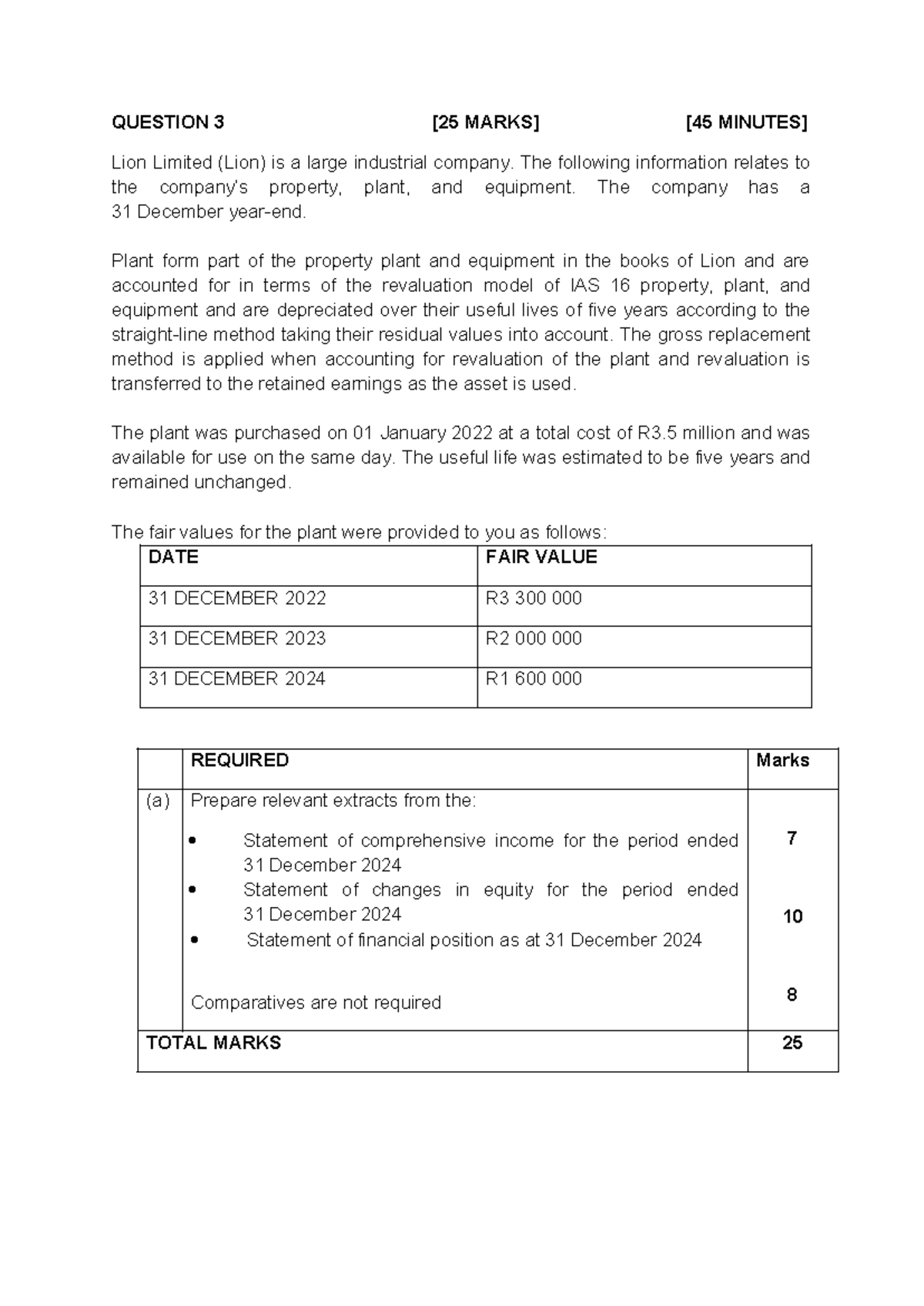 Ppe exam question - QUESTION 3 [25 MARKS] [45 MINUTES] Lion Limited ...