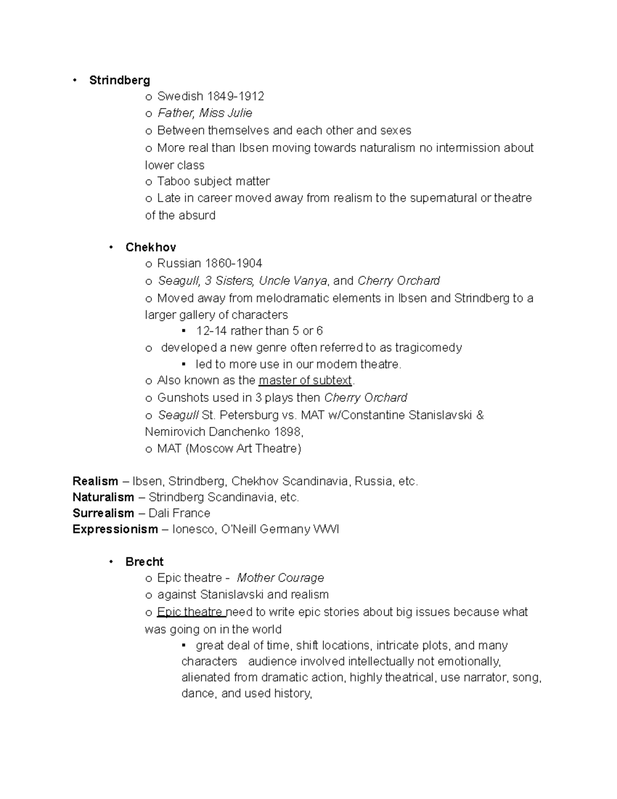THEA 241 3 - Professor Wright's 3rd month of notes (3/3). - Strindberg ...