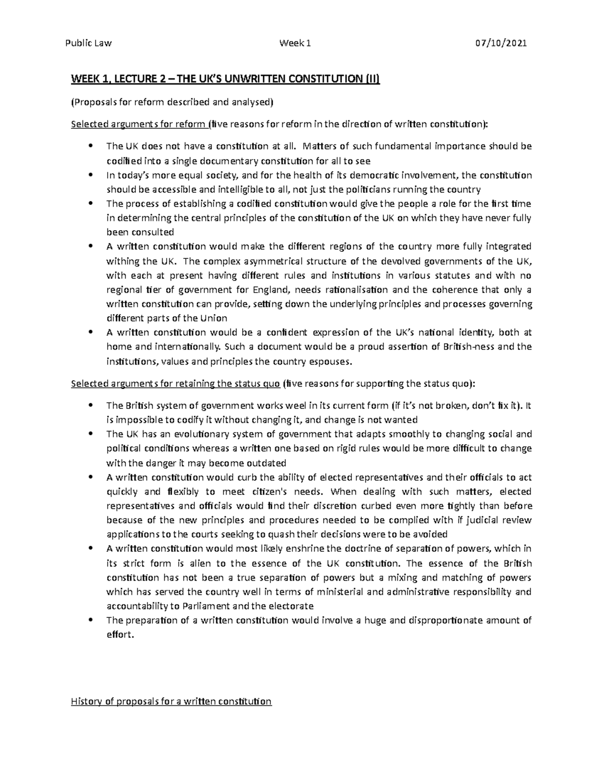 Week 1, Lecture 2 - The UK's Unwritten Constitution (II) - WEEK 1, LECTURE 2 – THE UK’S ...
