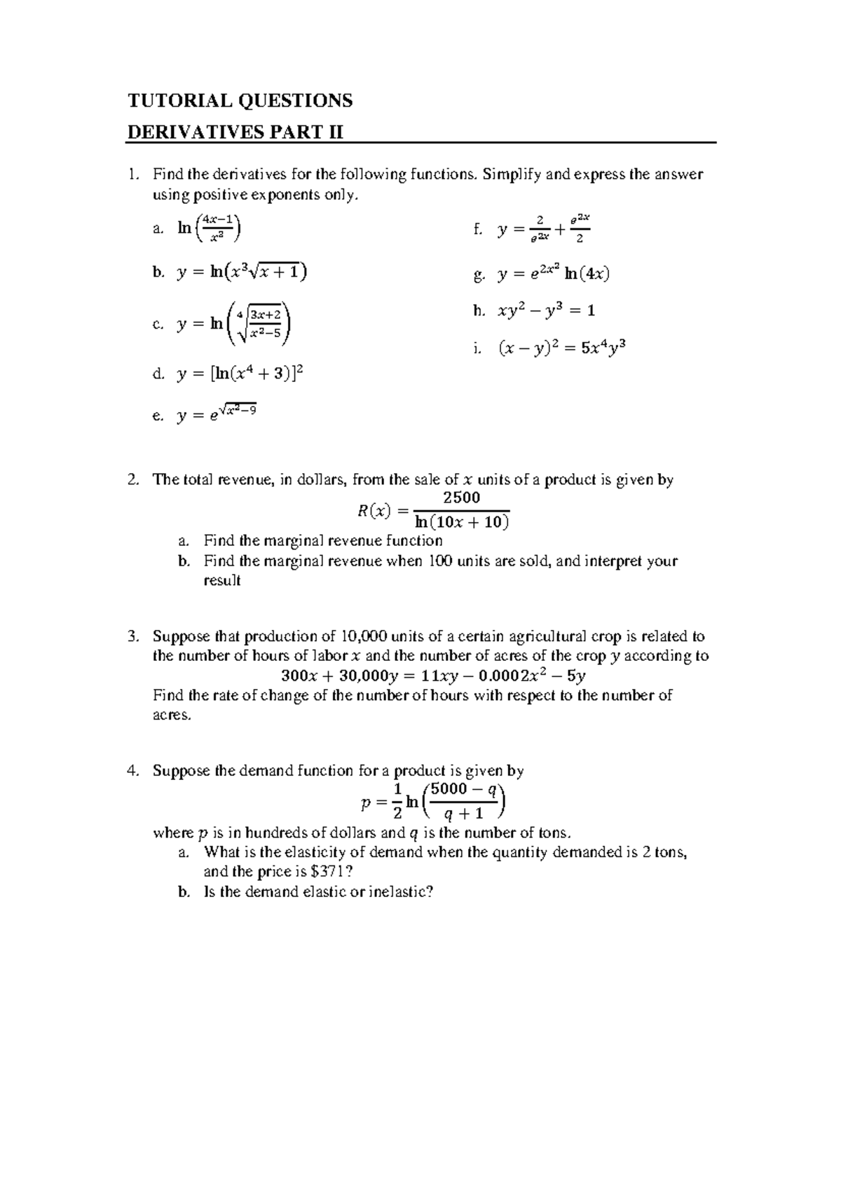 Solving Derivatives Maths Part 2 - Tutorial 07 - TUTORIAL QUESTIONS ...