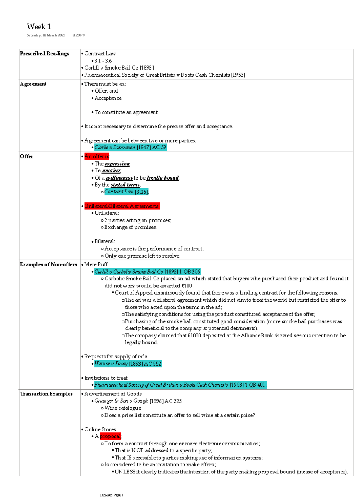 LLB202 Week 1 - Lecture notes - Prescribed Readings Contract Law • 3 ...