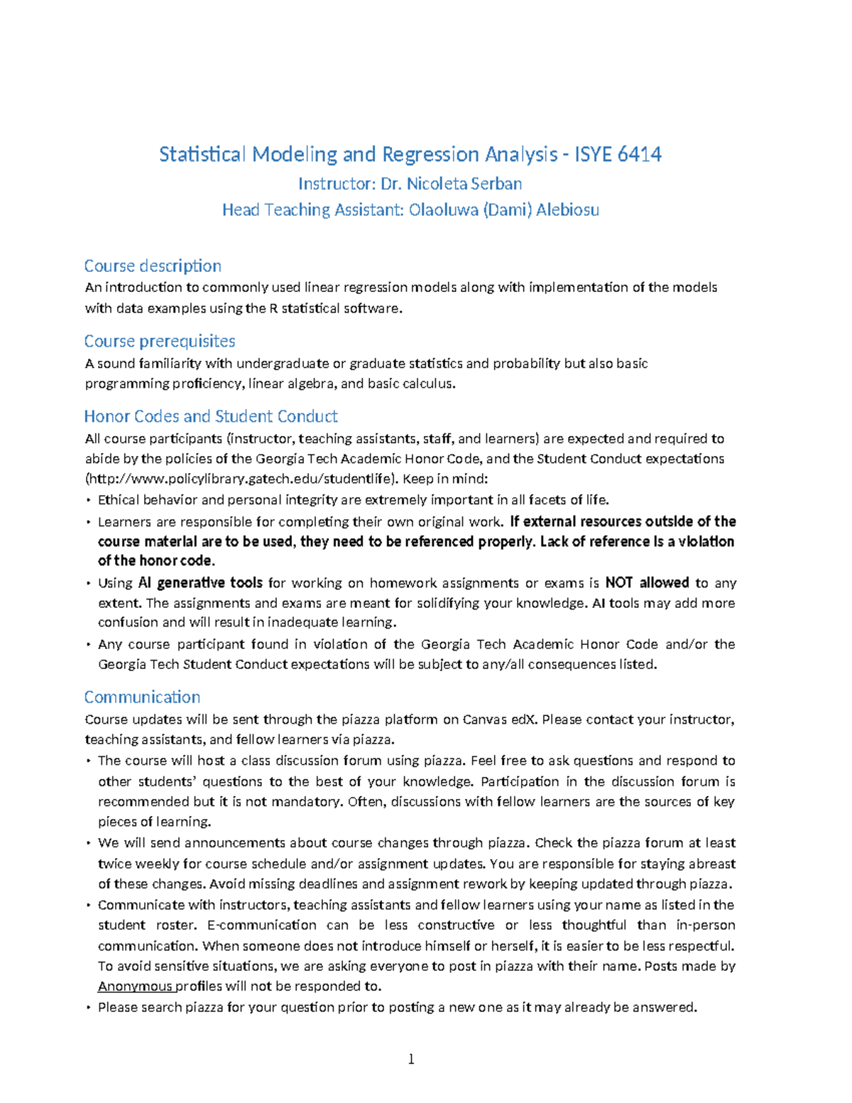 ISy E 6414 Syllabus Summer 2024 - Statistical Modeling and Regression Analysis - ISYE 6414 - Studocu