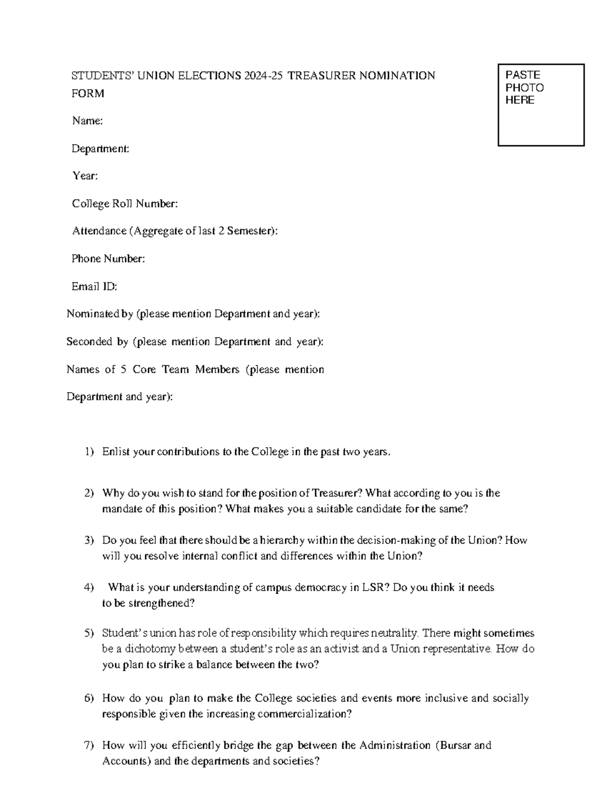 Treasurer Nomination FORM 2024-25 - STUDENTS’ UNION ELECTIONS 2024 - 25 ...