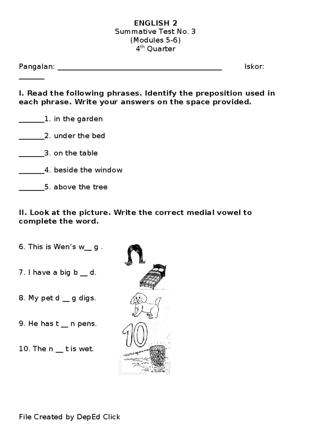 ENG2 ST3 Q4 - sample test - ENGLISH 2 Summative Test No. 3 (Modules 5-6 ...
