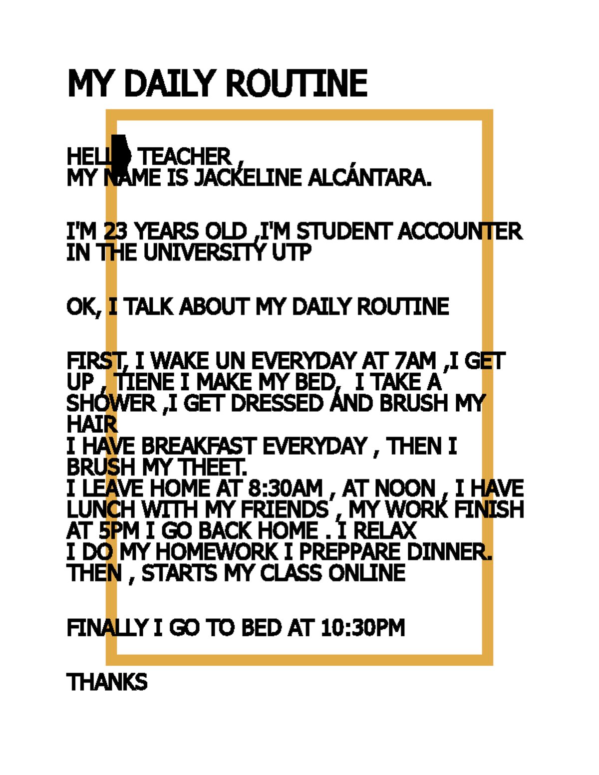 Week daily 1 Alcantara Jackeline - MY DAILY ROUTINE HELLO TEACHER , MY ...