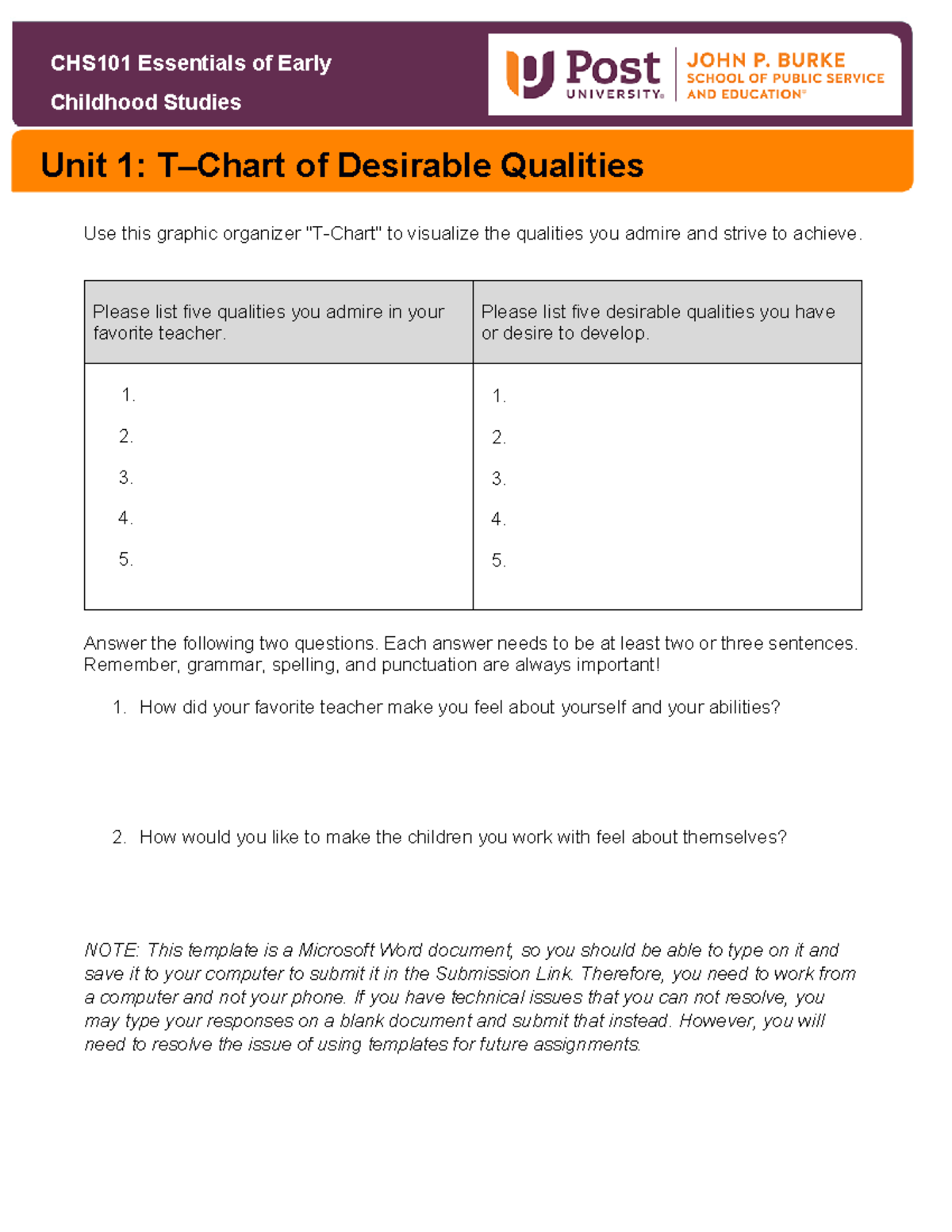 CHS101 Unit 1 Template Desirable Qualities - Use this graphic organizer ...