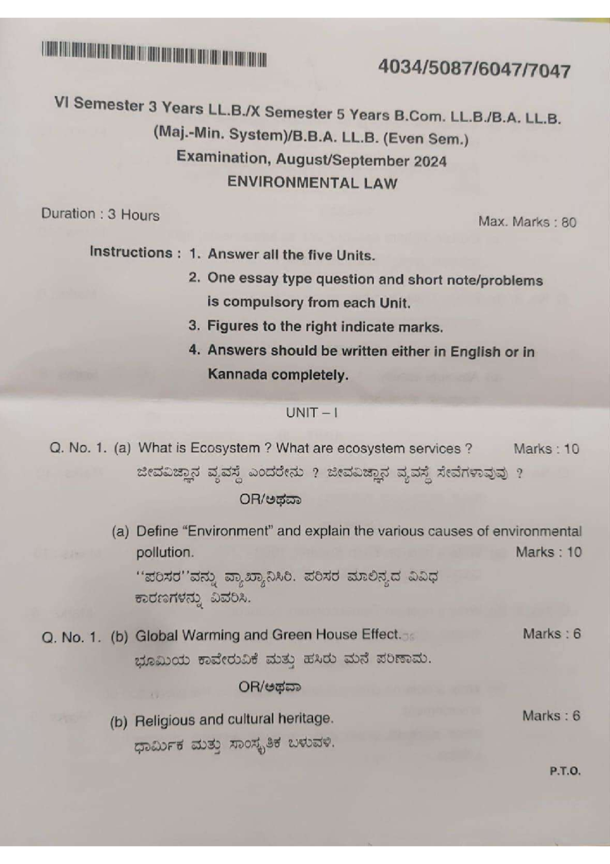 Question papers 2024 6th sem - VI Semester 3 Years Semester 5 Years B. LL. LL. (Even Sem.) - Studocu
