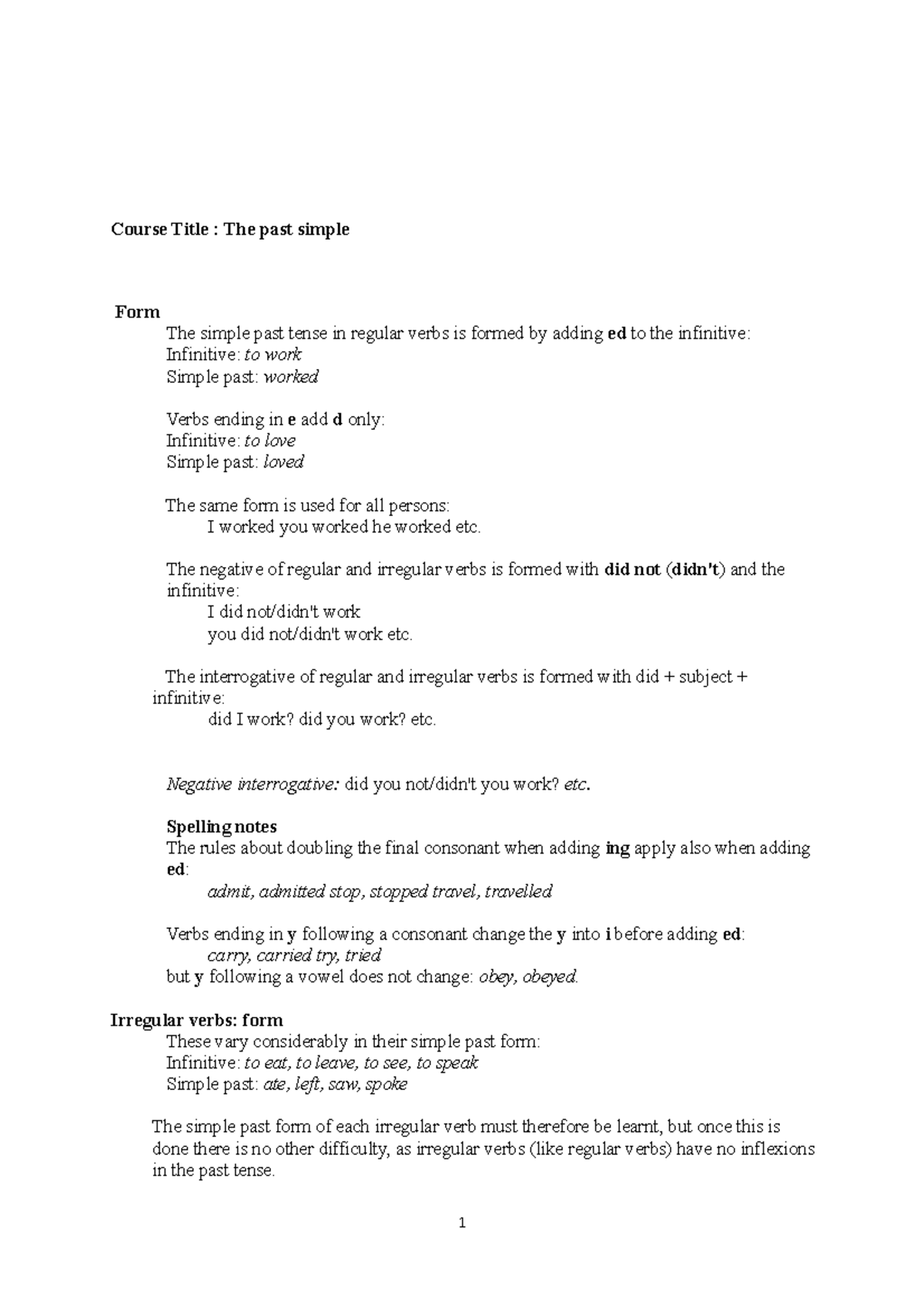 Course 3 Grammar The Past Simple Course Title The Past Simple Form