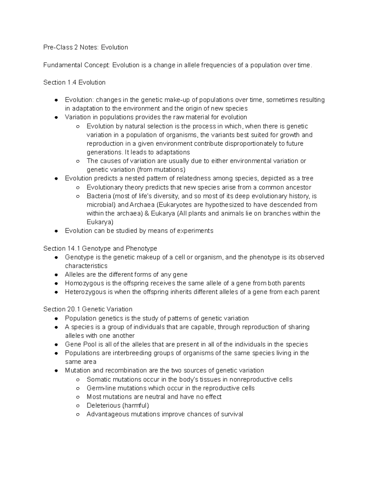 Pre-Class 2 Notes Evolution - Pre-Class 2 Notes: Evolution Fundamental ...