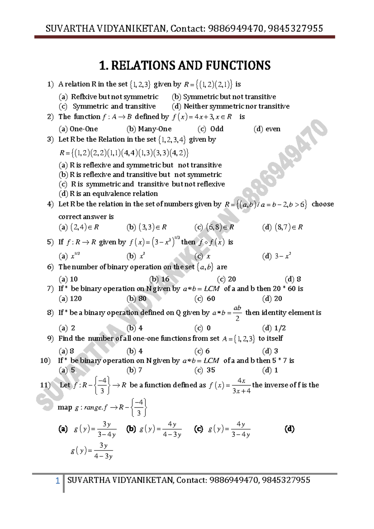 626849665 II Puc Maths Mcq Part a - 1. RELATIONS AND FUNCTIONS 1) A relation R in the set 1, 2,3 ...