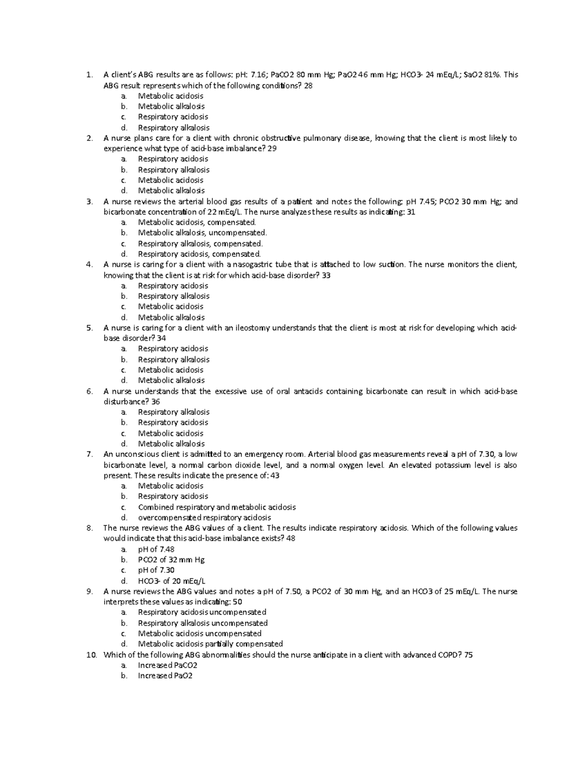 ABG Related Questions - Lecture notes 17 - Bachelor of Science Nursing ...