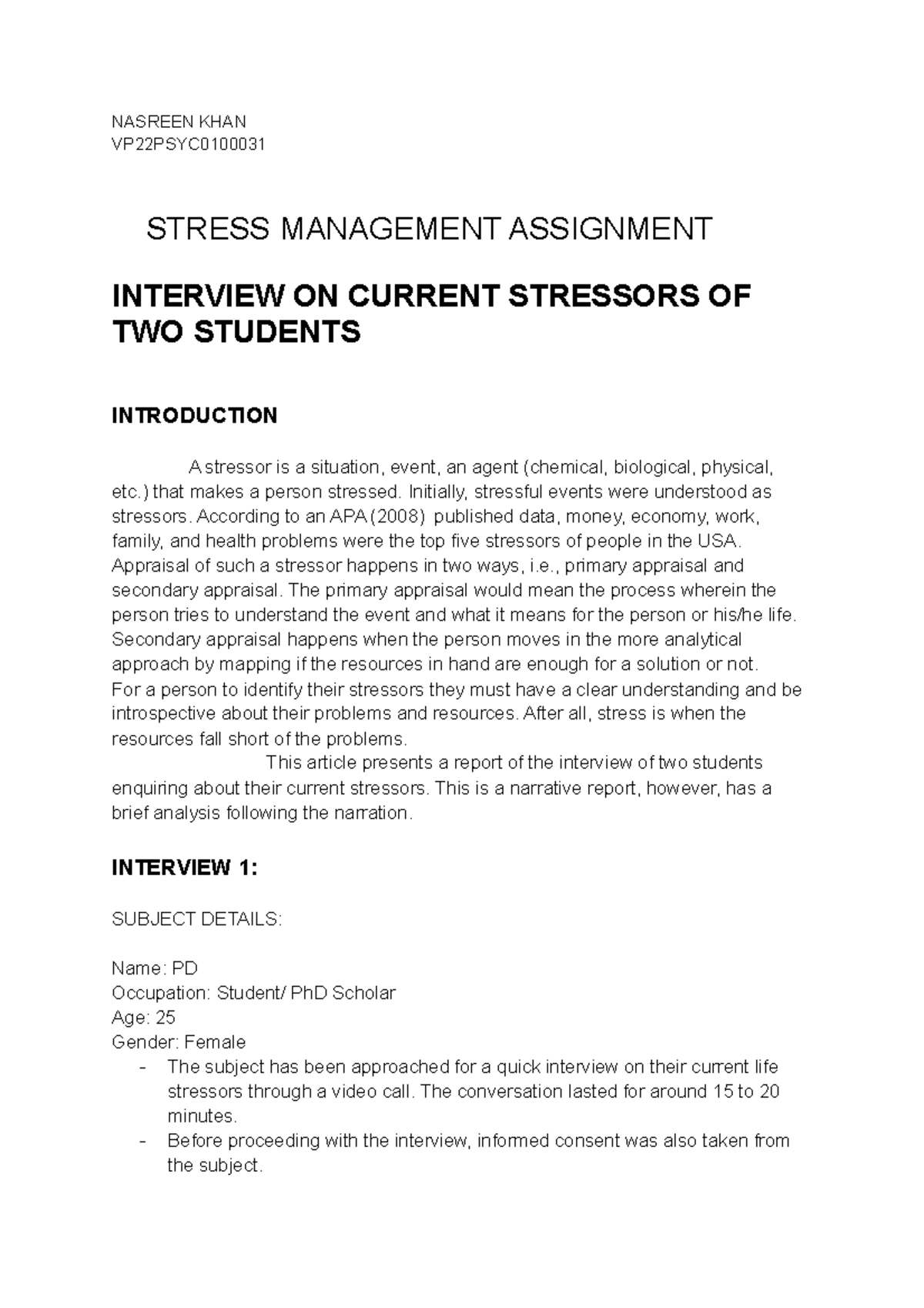 Interview-stressors - NASREEN KHAN VP22PSYC STRESS MANAGEMENT ...