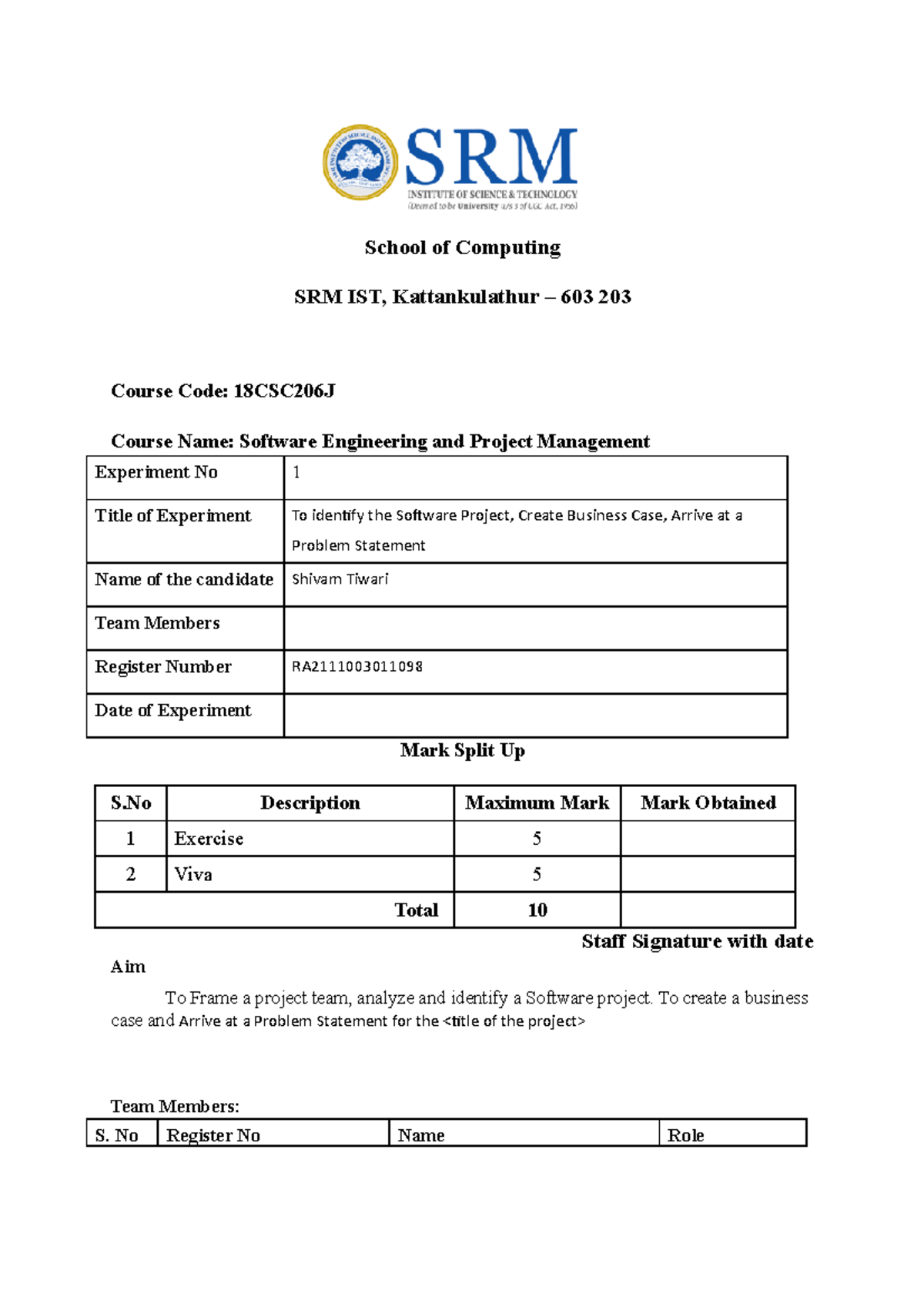 Software Engineering project type 1 - School of Computing SRM IST ...