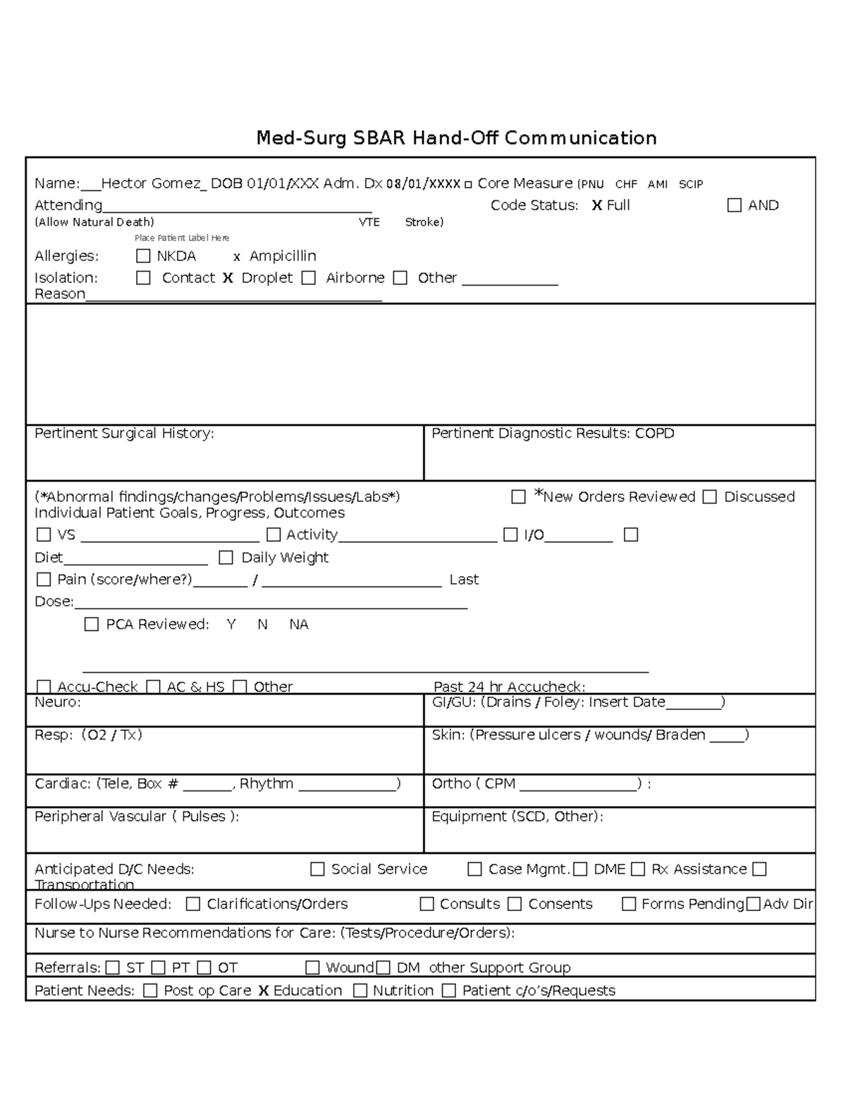 Copd sbar - SBAR for copd - Med-Surg SBAR Hand-Off Communication Name ...