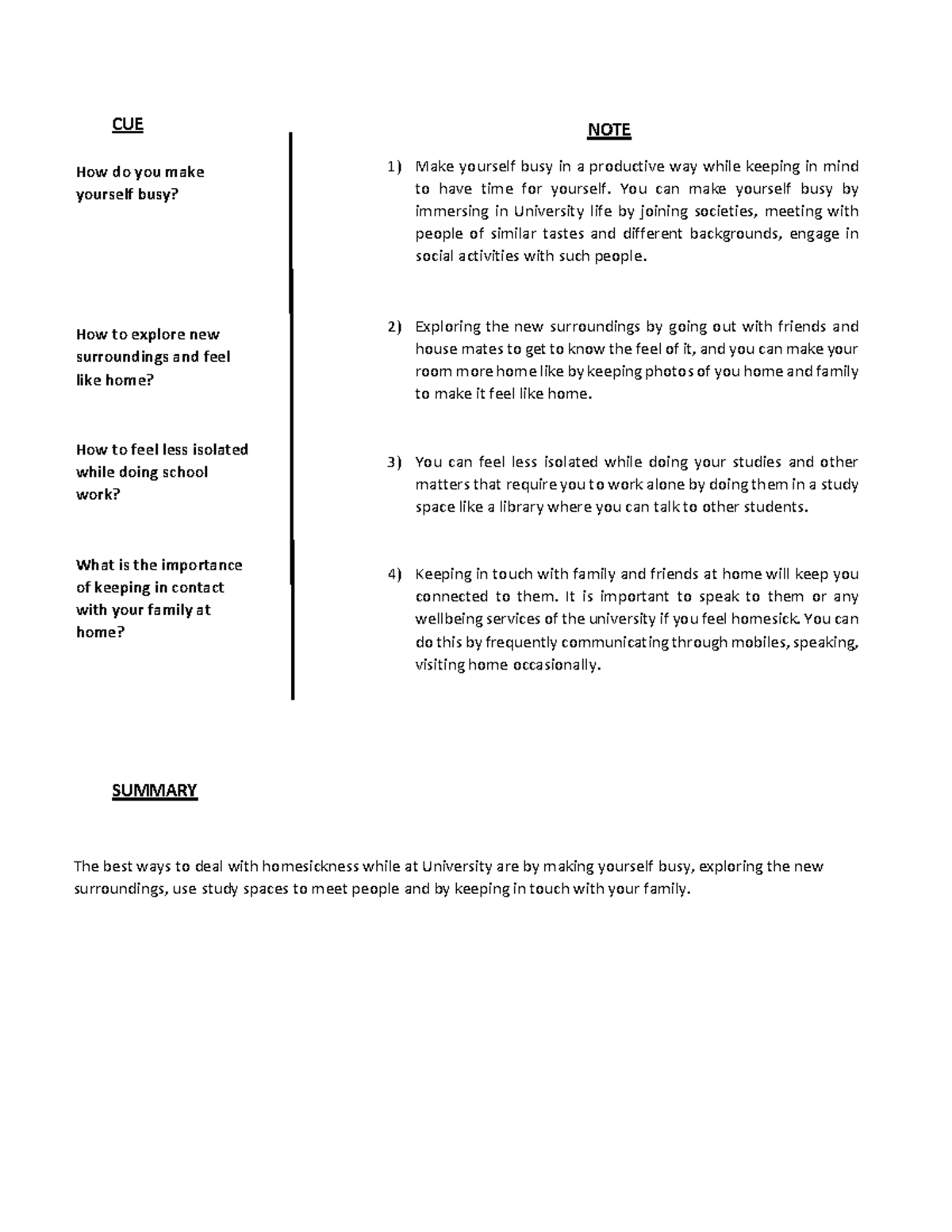 Cornell note taking - Notes - CUE SUMMARY NOTE Make yourself busy in a ...