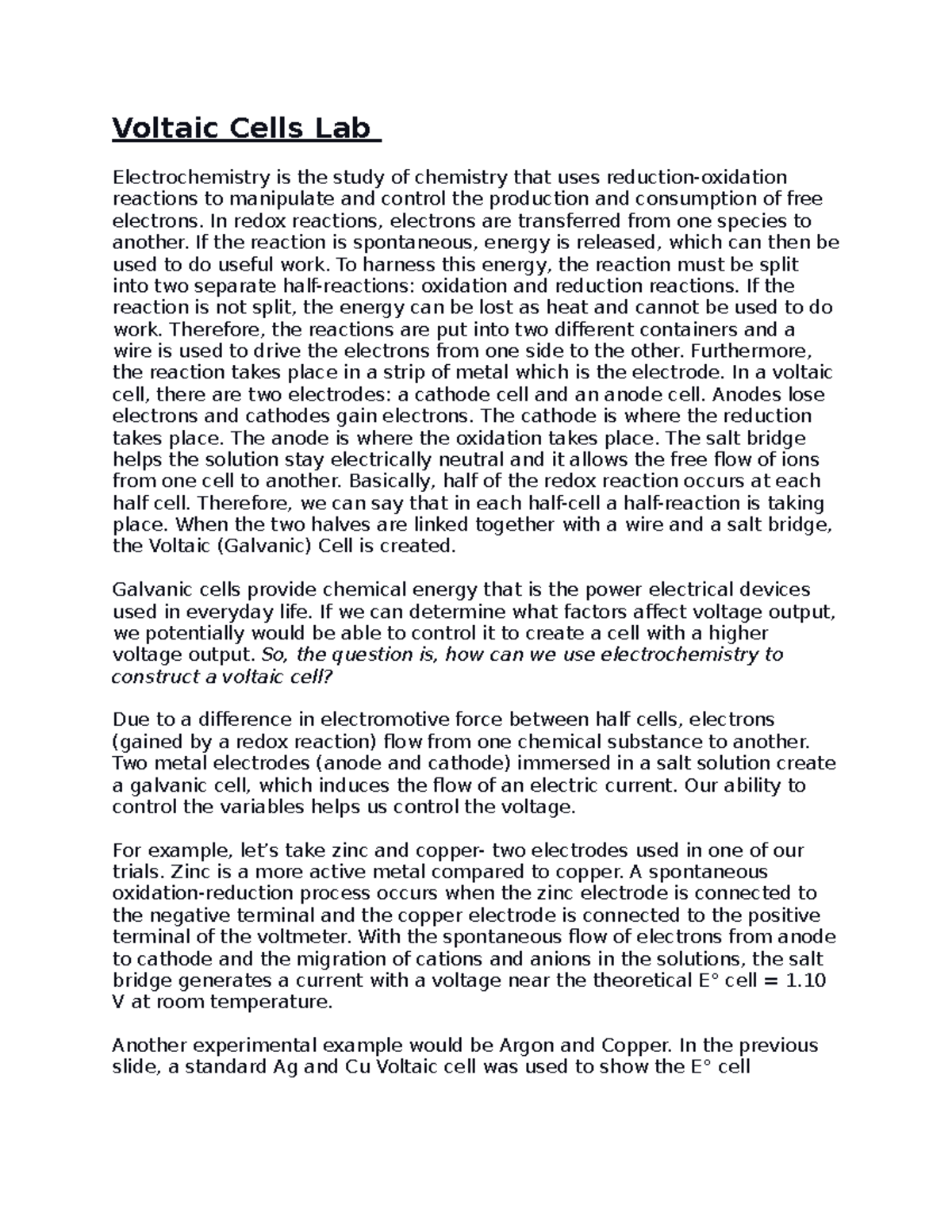 Voltaic Cells Lab- experiment 21 - Voltaic Cells Lab Electrochemistry ...