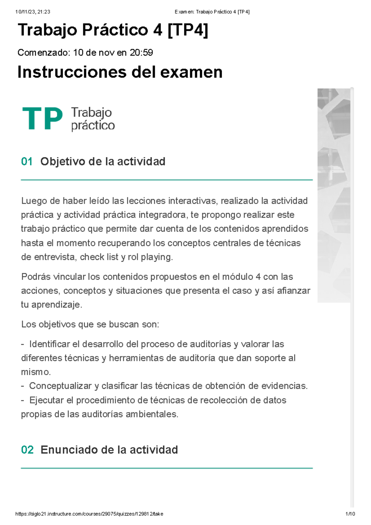 Examen Trabajo Práctico 4 [TP4] marce 85 - Trabajo Práctico 4 [TP4] Comenzado: 10 de nov en 20 ...