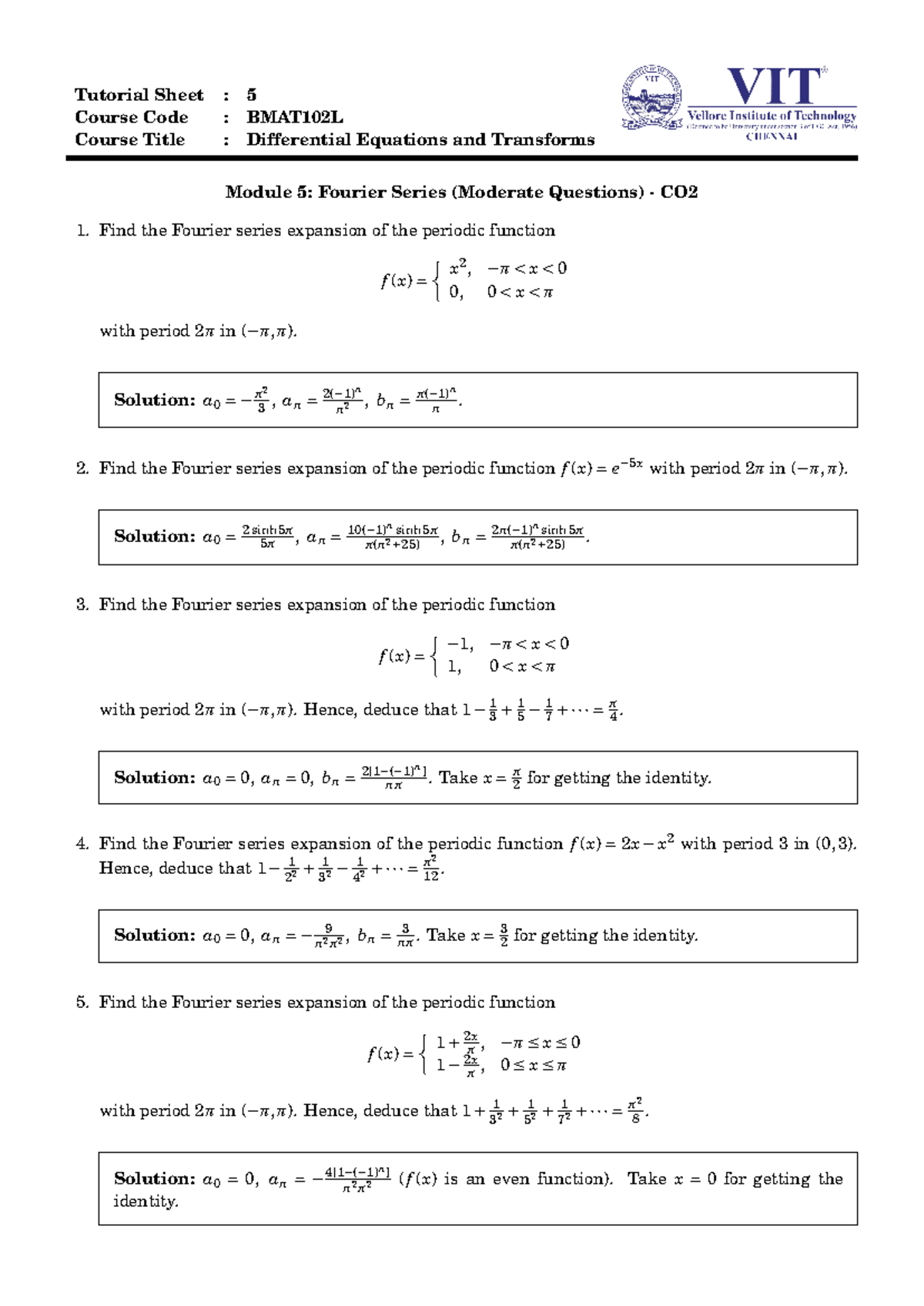 Module-5 - Tutorial Sheet : 5 Course Code : BMAT102L Course Title ...