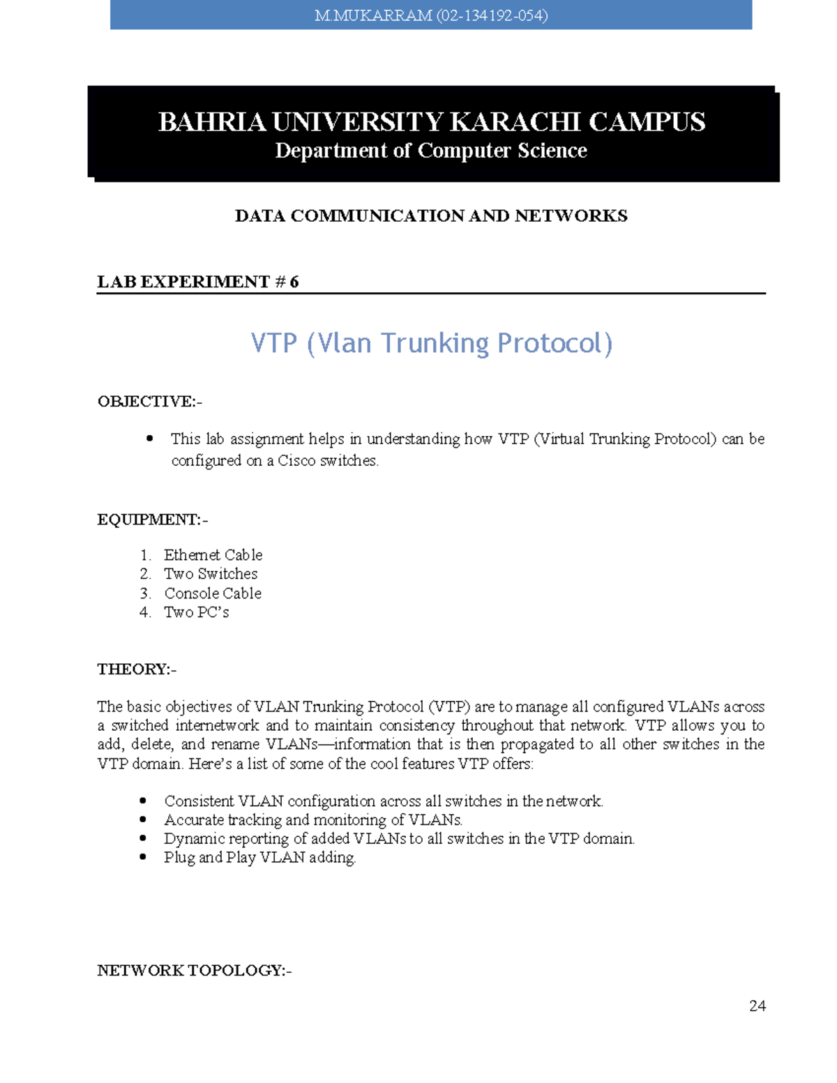 Lab 6 Vlan Trunking Protocol (VTP) - BAHRIA UNIVERSITY KARACHI CAMPUS ...