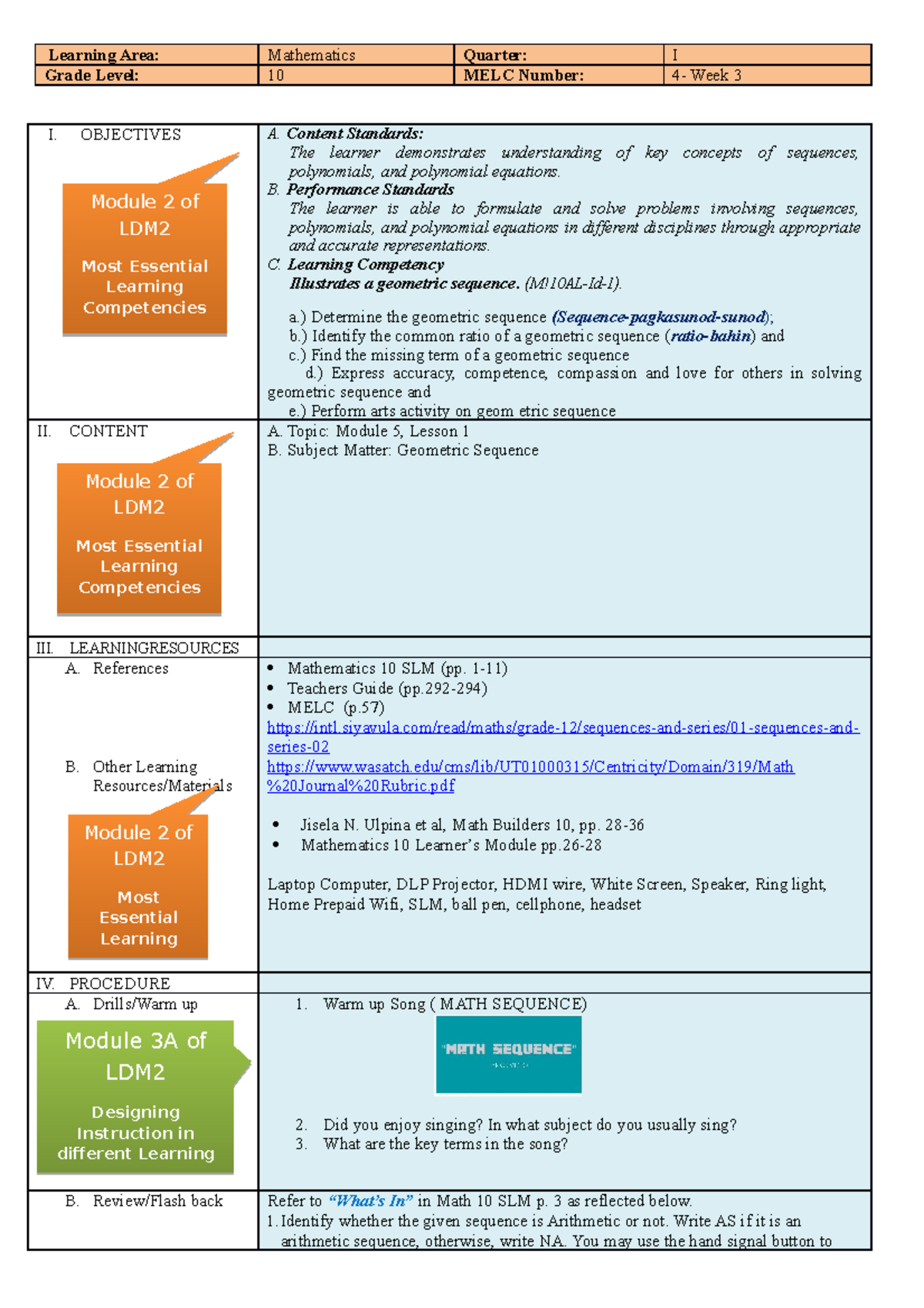 Demo Lesson Plan Math 10 For MT Teachers Learning Area Mathematics 