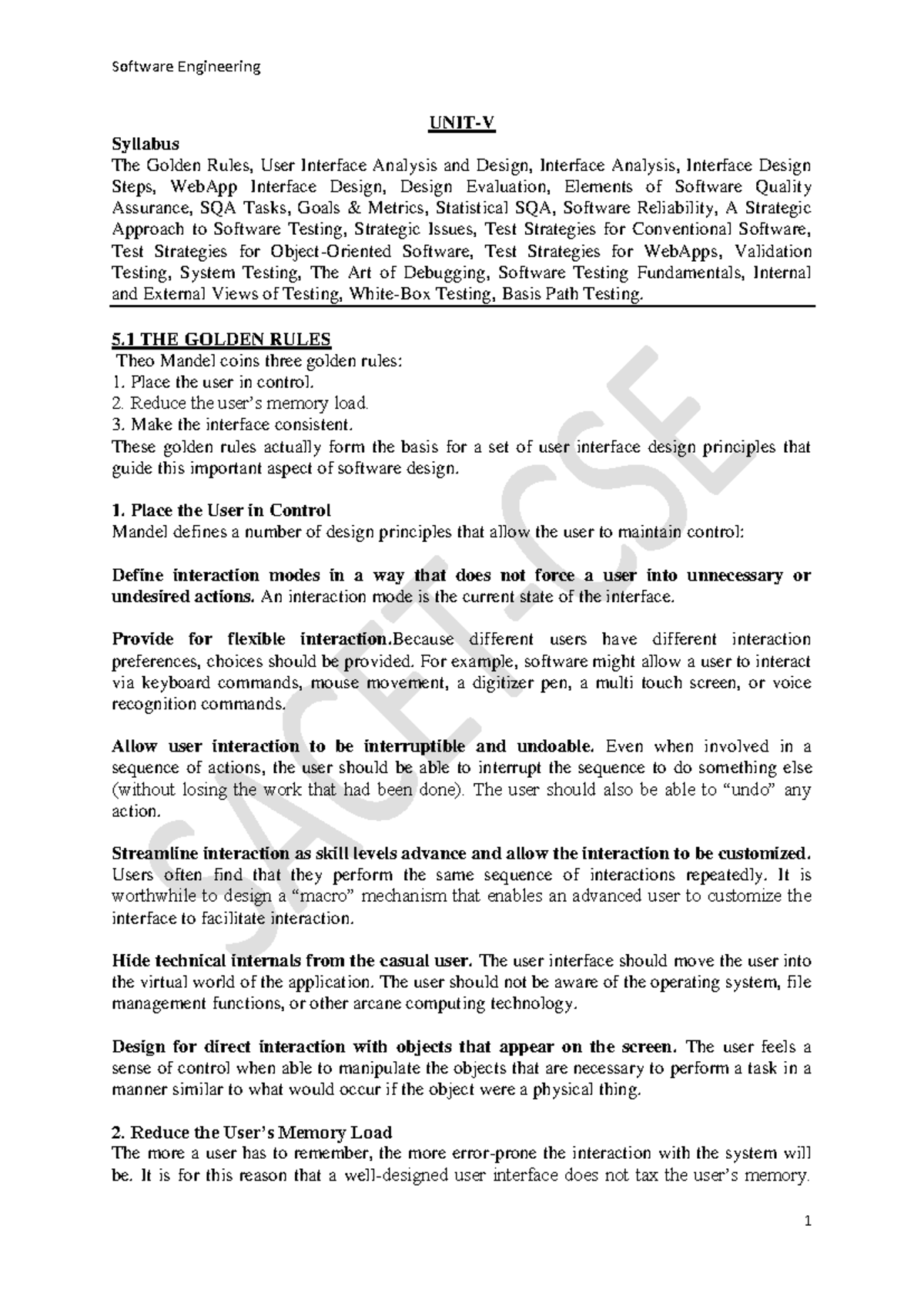 SE UNIT-V R20 - software engineering notres for all cse and sub branches it is a student ...