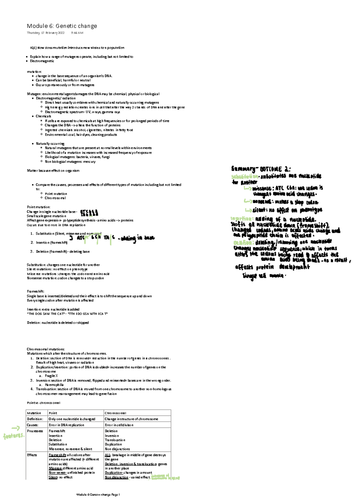 Module 6 Genetic change - mutation: - change in the base sequence of an ...