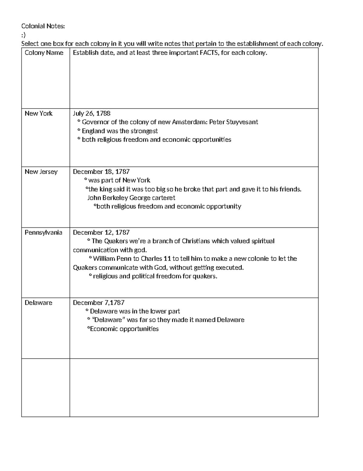 Colonial Notes - ddgsd - Colonial Notes: :) Select one box for each ...