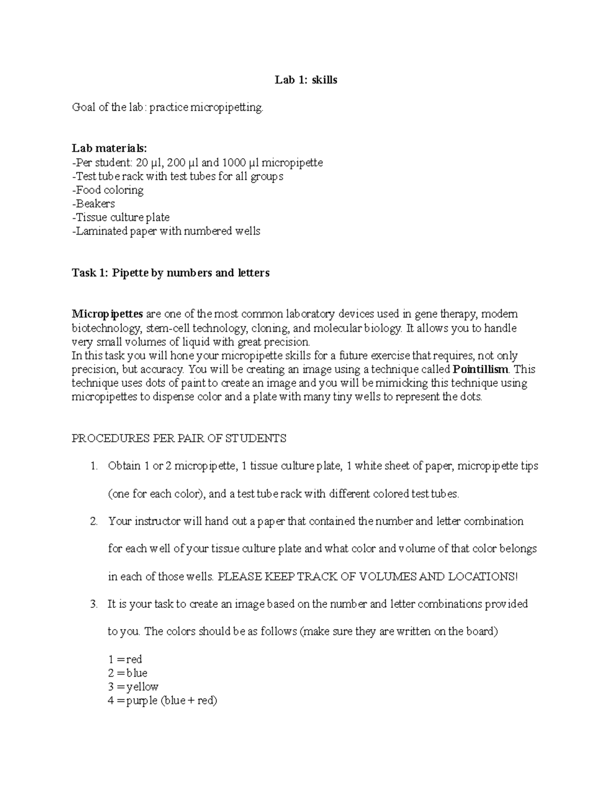 Lab 1 pipetting - Lab log - Lab 1: skills Goal of the lab: practice ...