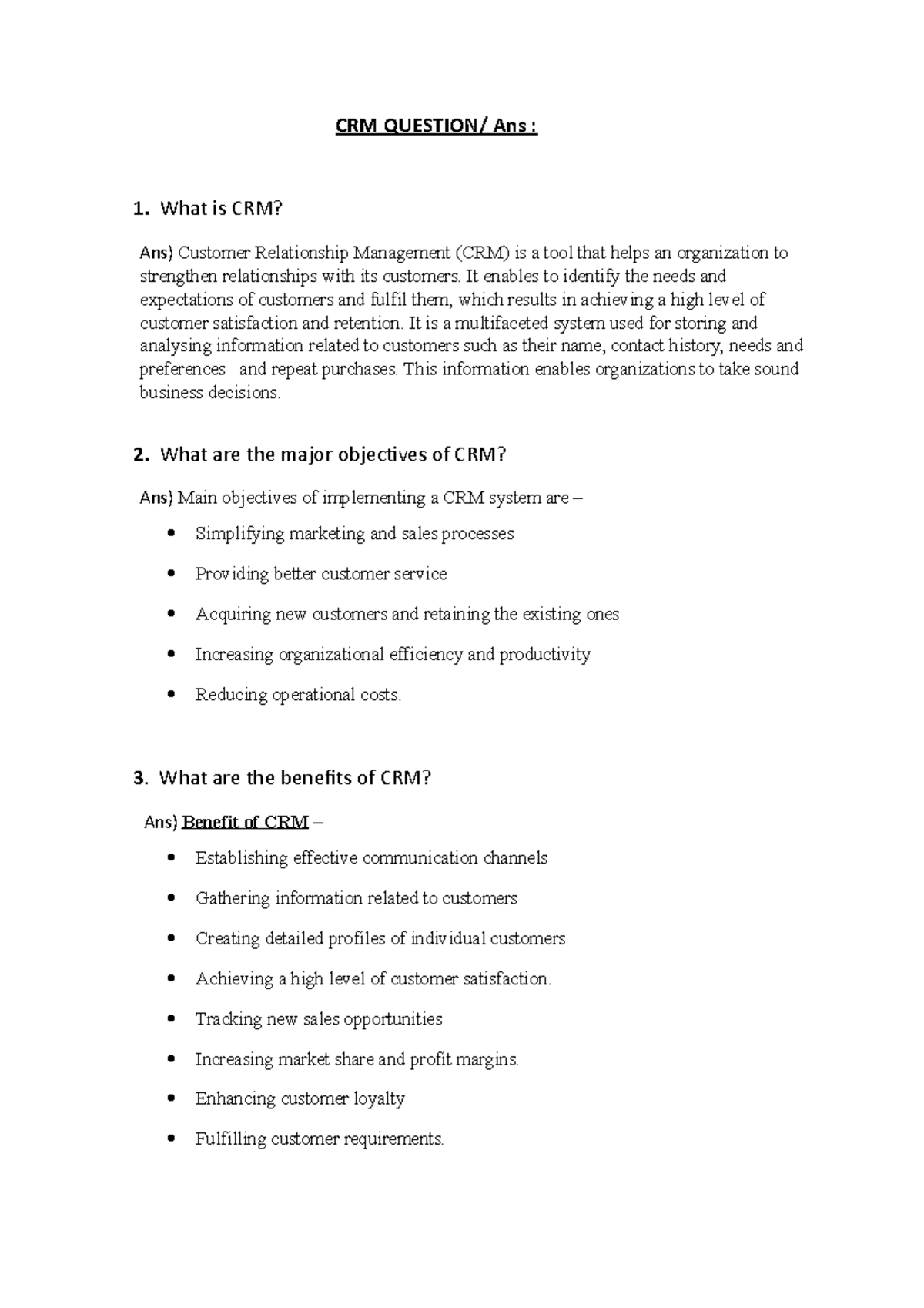 CRM Question BANK ans - Its all about crm means customer relationship ...