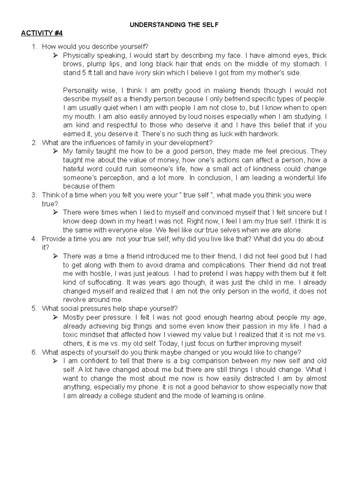 Understanding the self act 4 - UNDERSTANDING THE SELF ACTIVITY # How ...