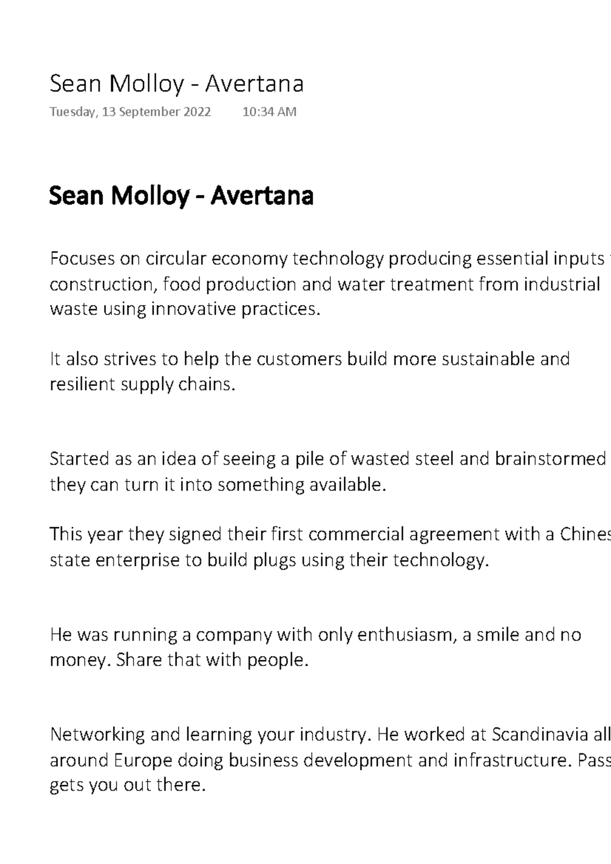 Sean Molloy - Avertana - Speaker Series #3 Notes - Sean Molloy ...
