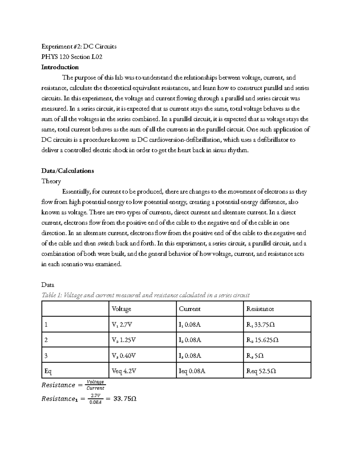 Experiment #2 DC Circuits - Experiment #2: DC Circuits PHYS 120 Section ...