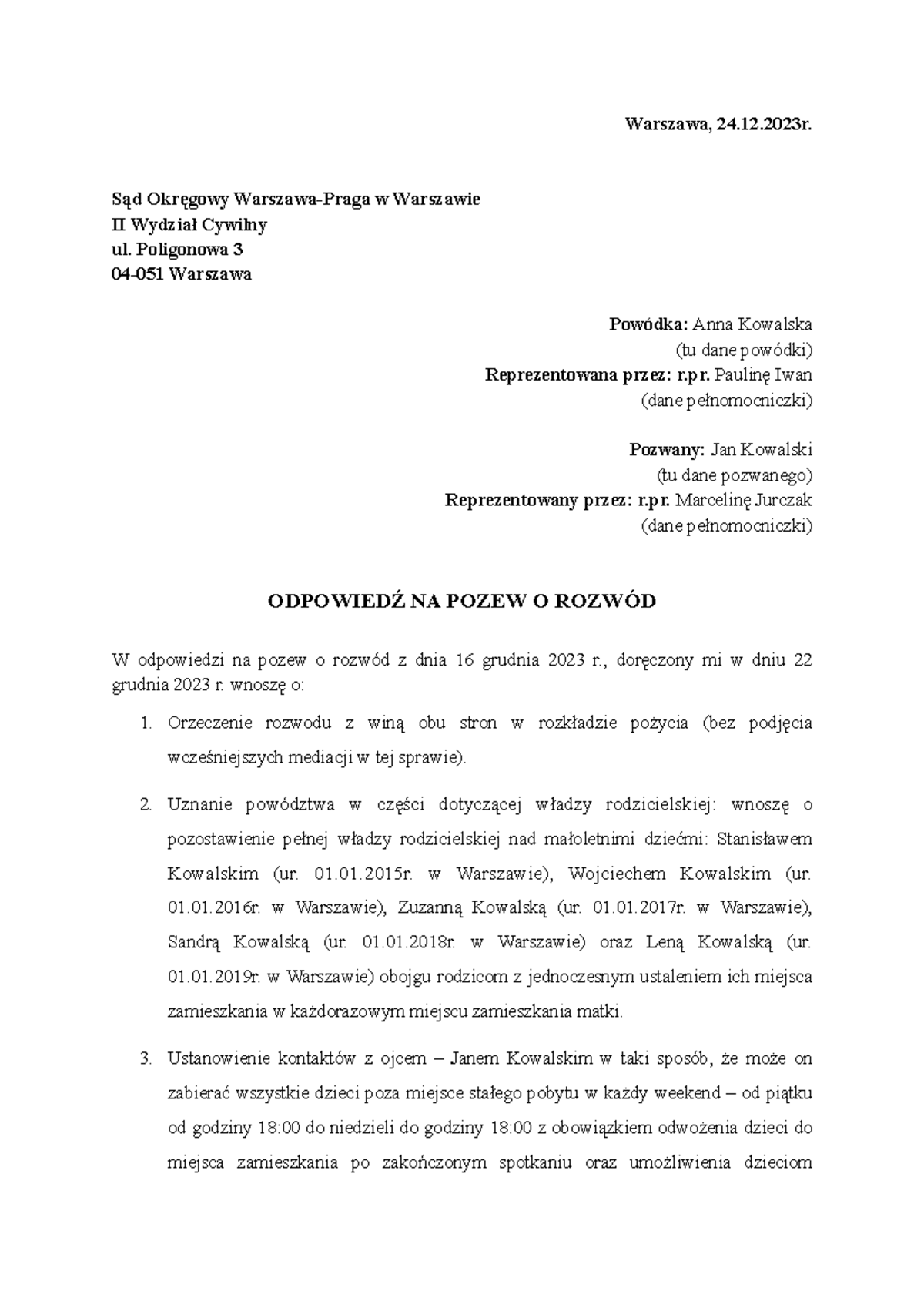 pozew o rozwód- wina - Warszawa, 24.12. Sąd Okręgowy Warszawa-Praga w Warszawie II Wydział ...