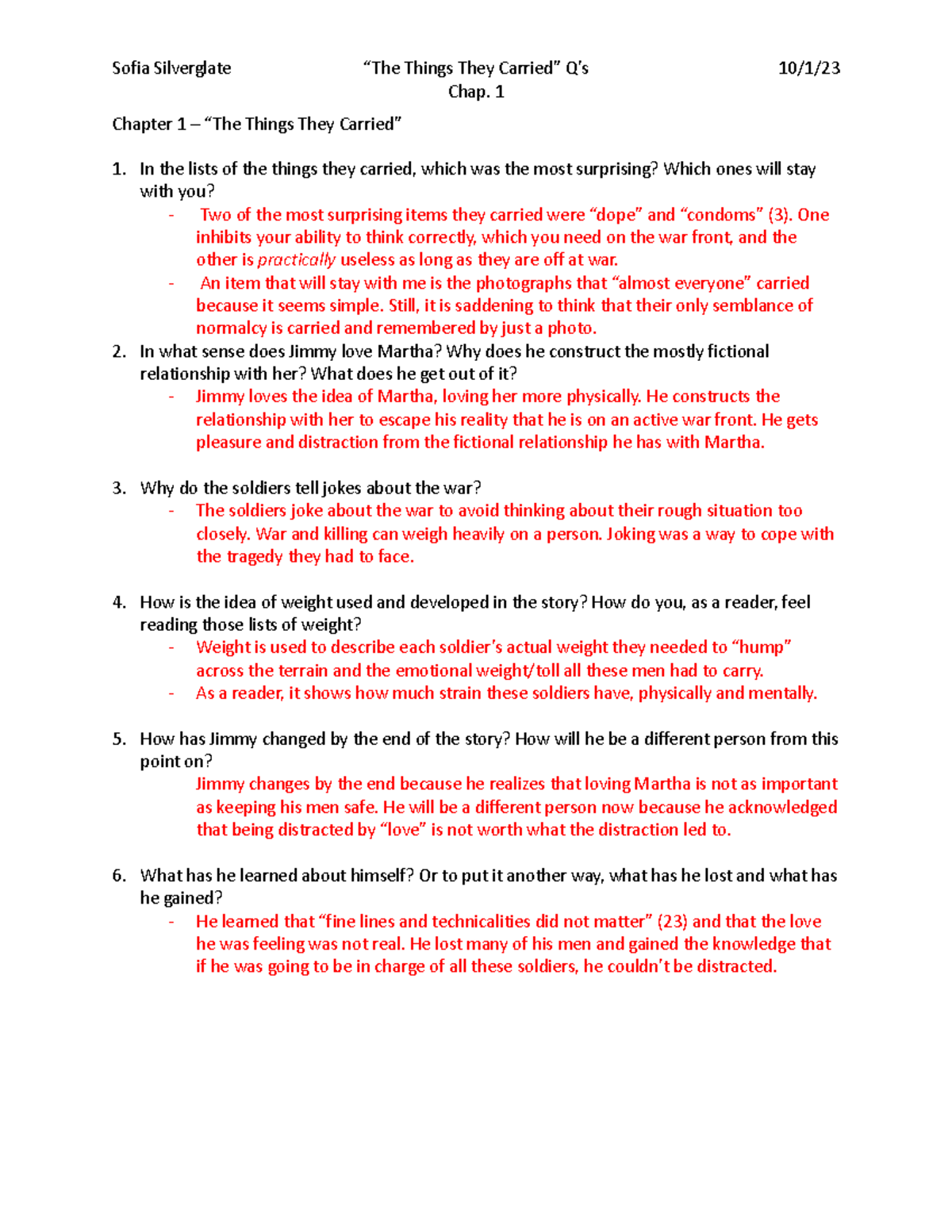 The Things They Carried Chapter 1 Q's - Sofia Silverglate “The Things ...