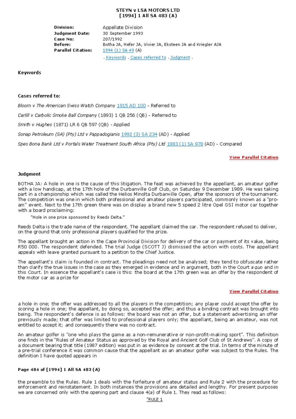Steyn v motors - Case summaries - STEYN v LSA MOTORS LTD [1994] 1 All ...
